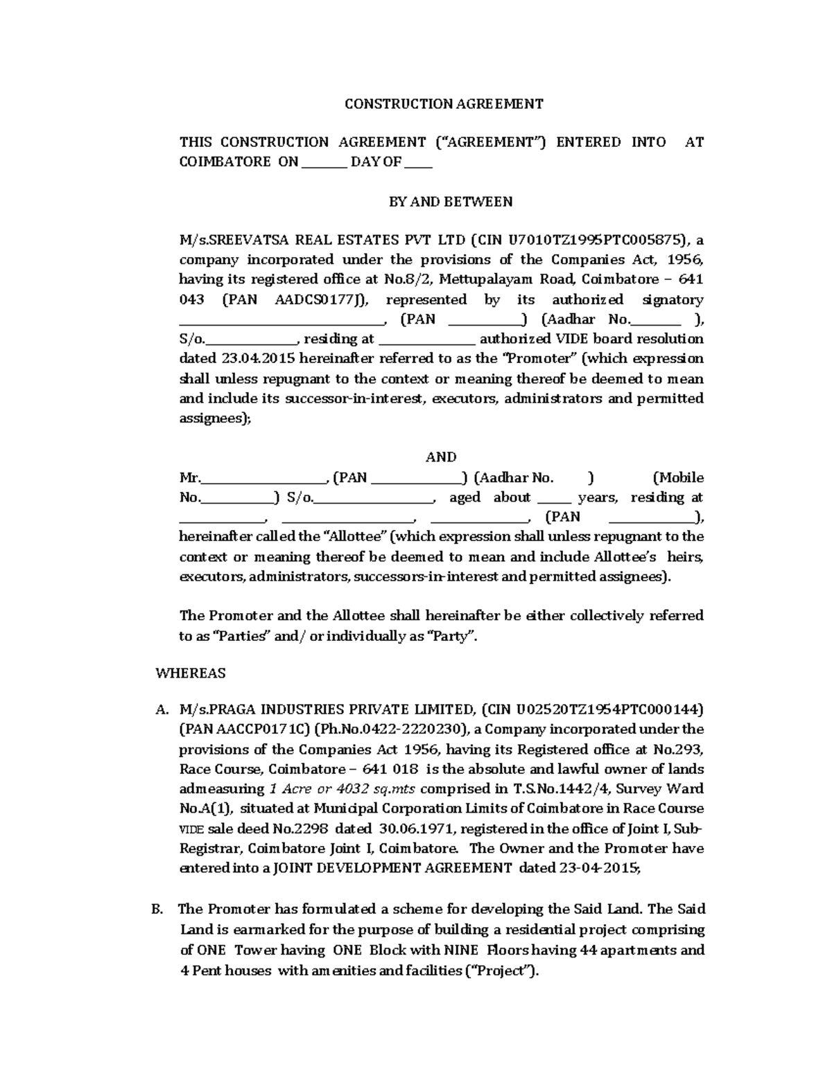 Construction Agreement Lianca CONSTRUCTION AGREEMENT THIS