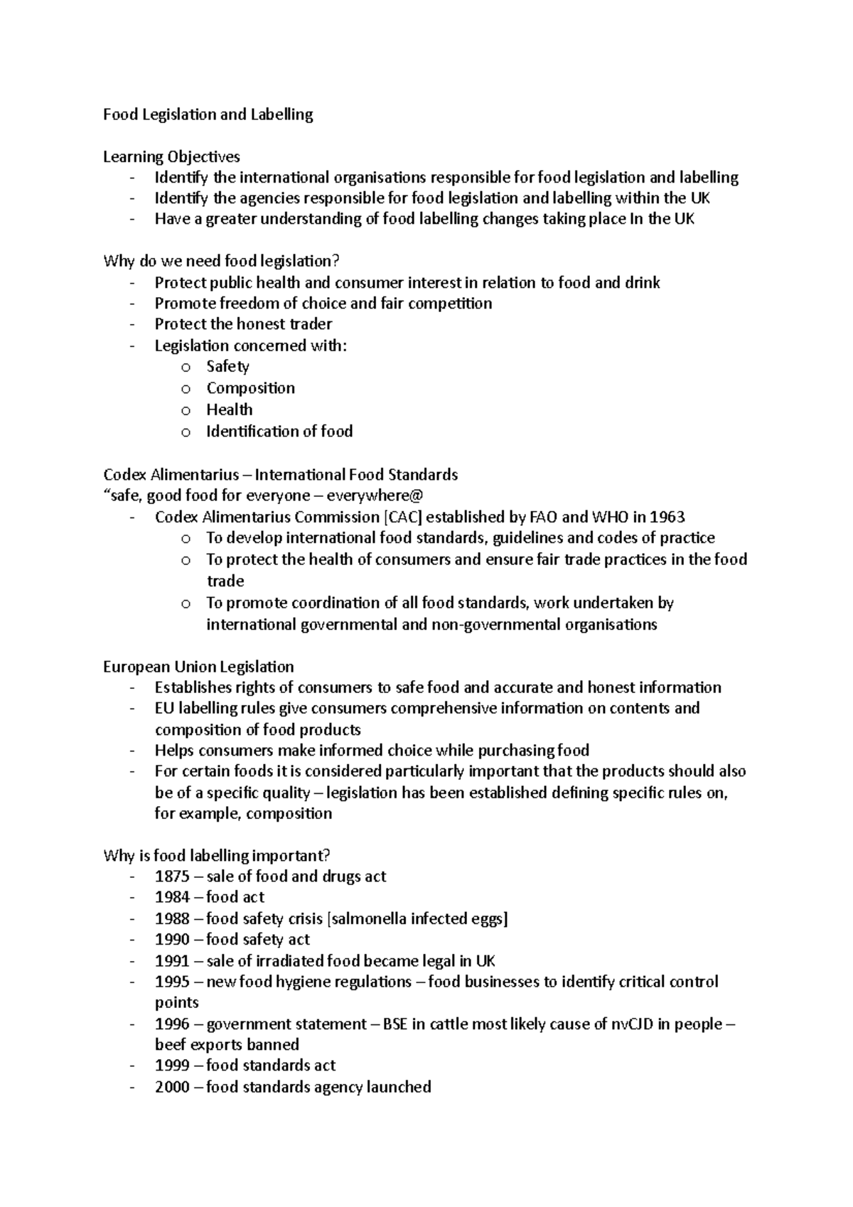 Food Legislation and Labelling - Food Legislation and Labelling ...