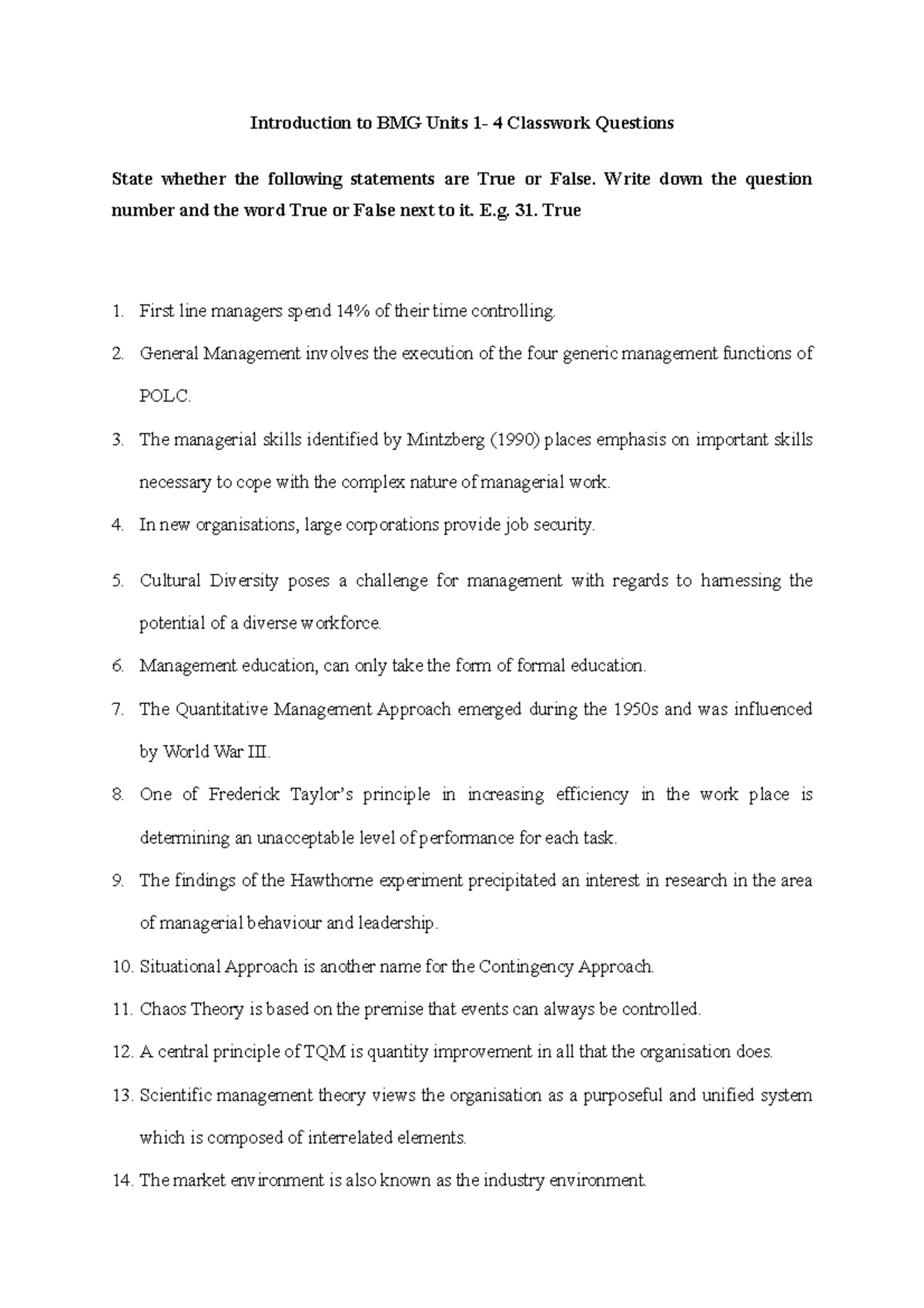 Intro to BMG Units 1 - 4 classwork questions - Introduction to BMG Units 1- 4 Classwork ...