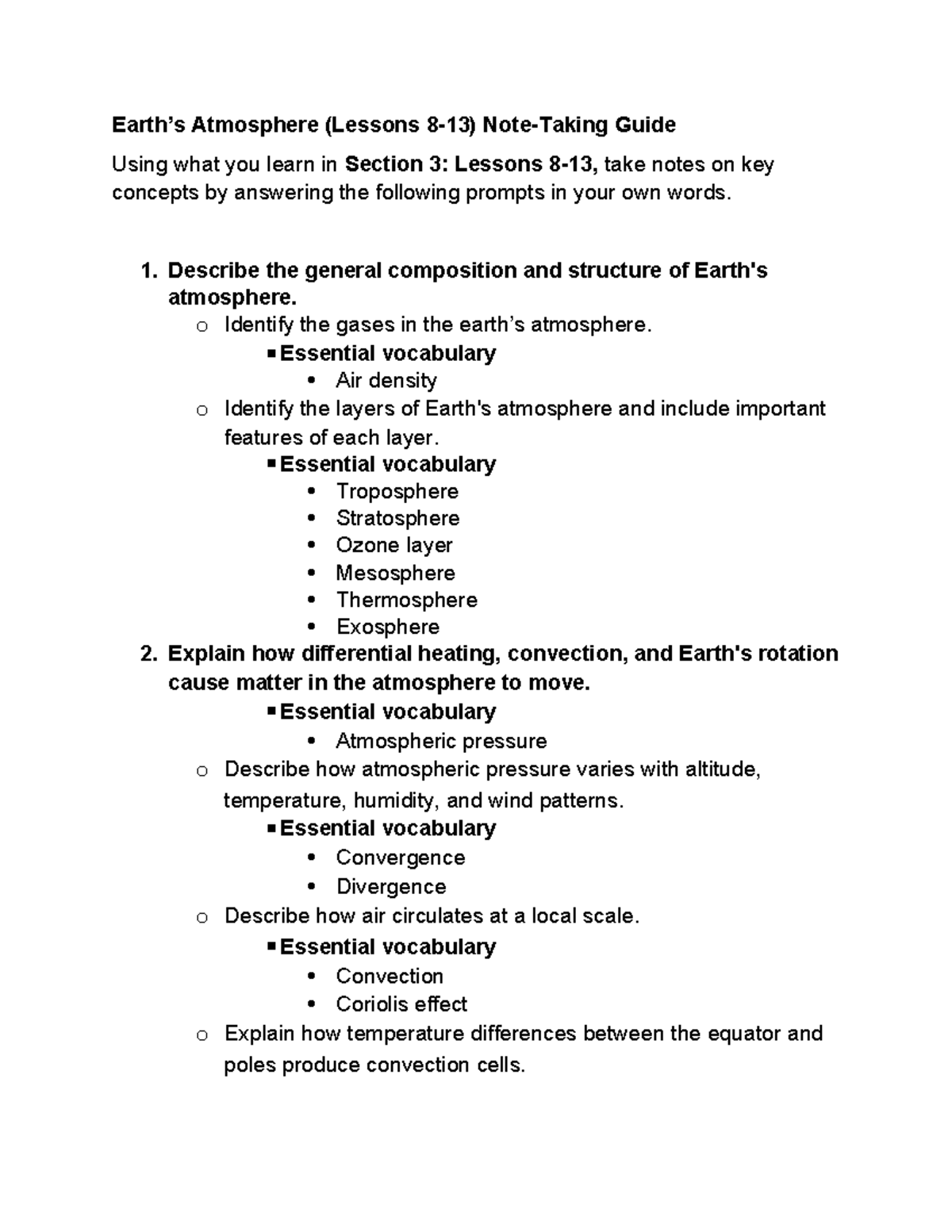 Section 3 Earth's Atmosphere (Lessons 8-13) - Earth’s Atmosphere ...