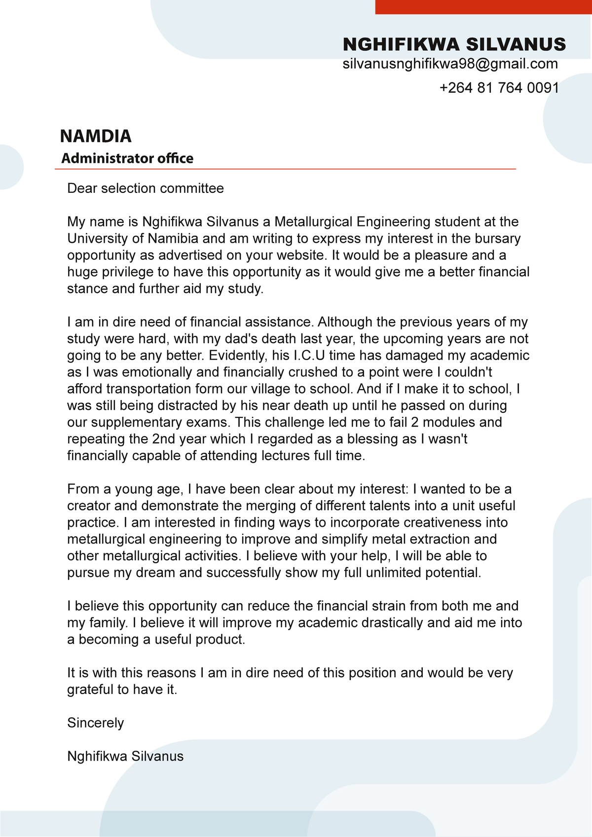 Motivational Letter - A lab manual - Dear selection committee My name ...