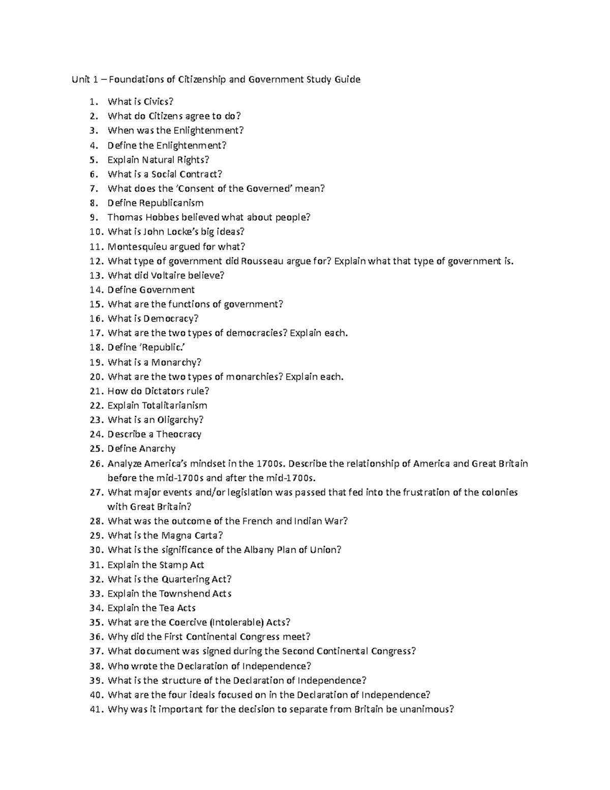 Study Guide - it's cool - Unit 1 – Foundations of Citizenship and ...