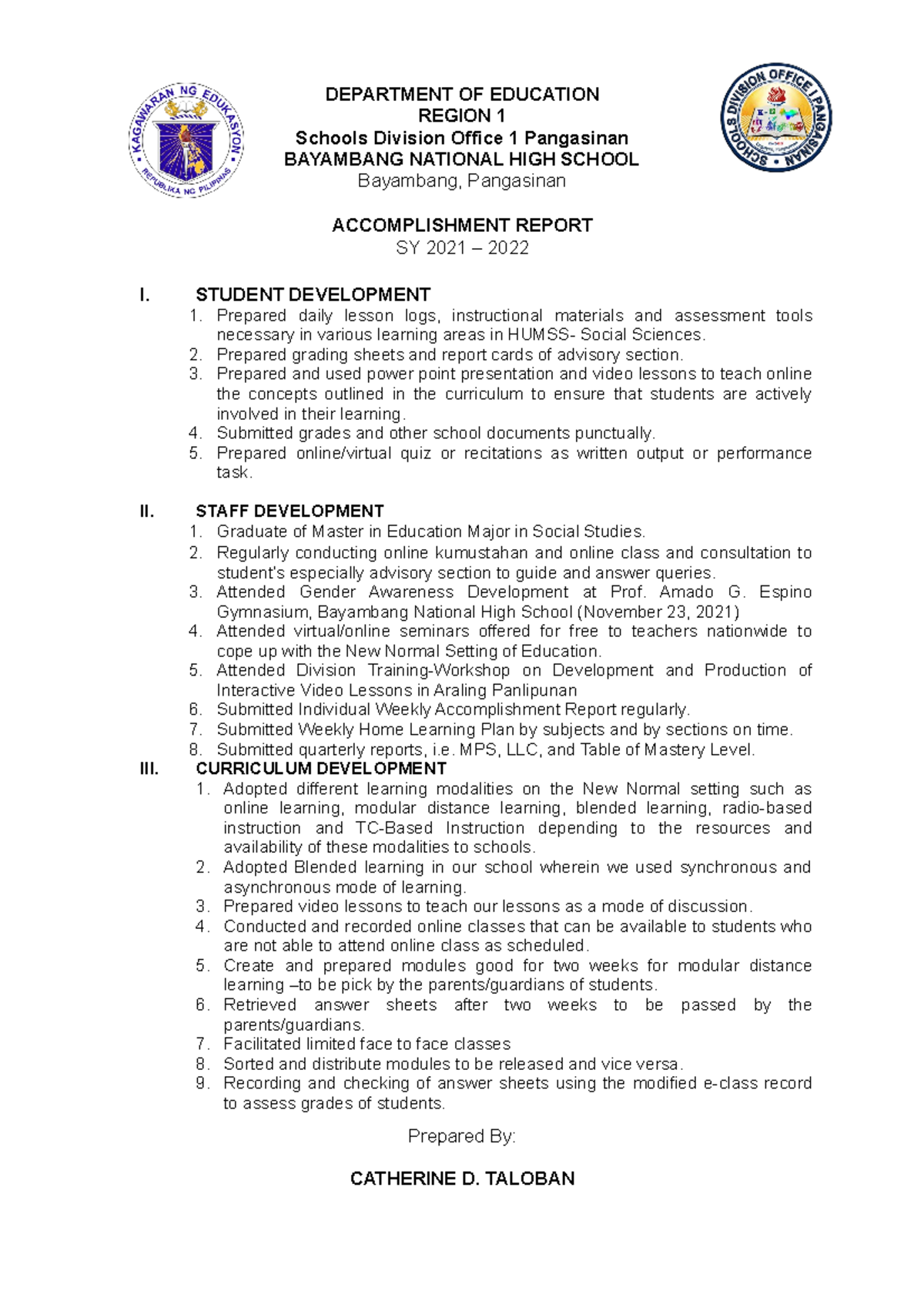 Accomplishment Report Cdtaloban 2021 2022 - DEPARTMENT OF EDUCATION ...