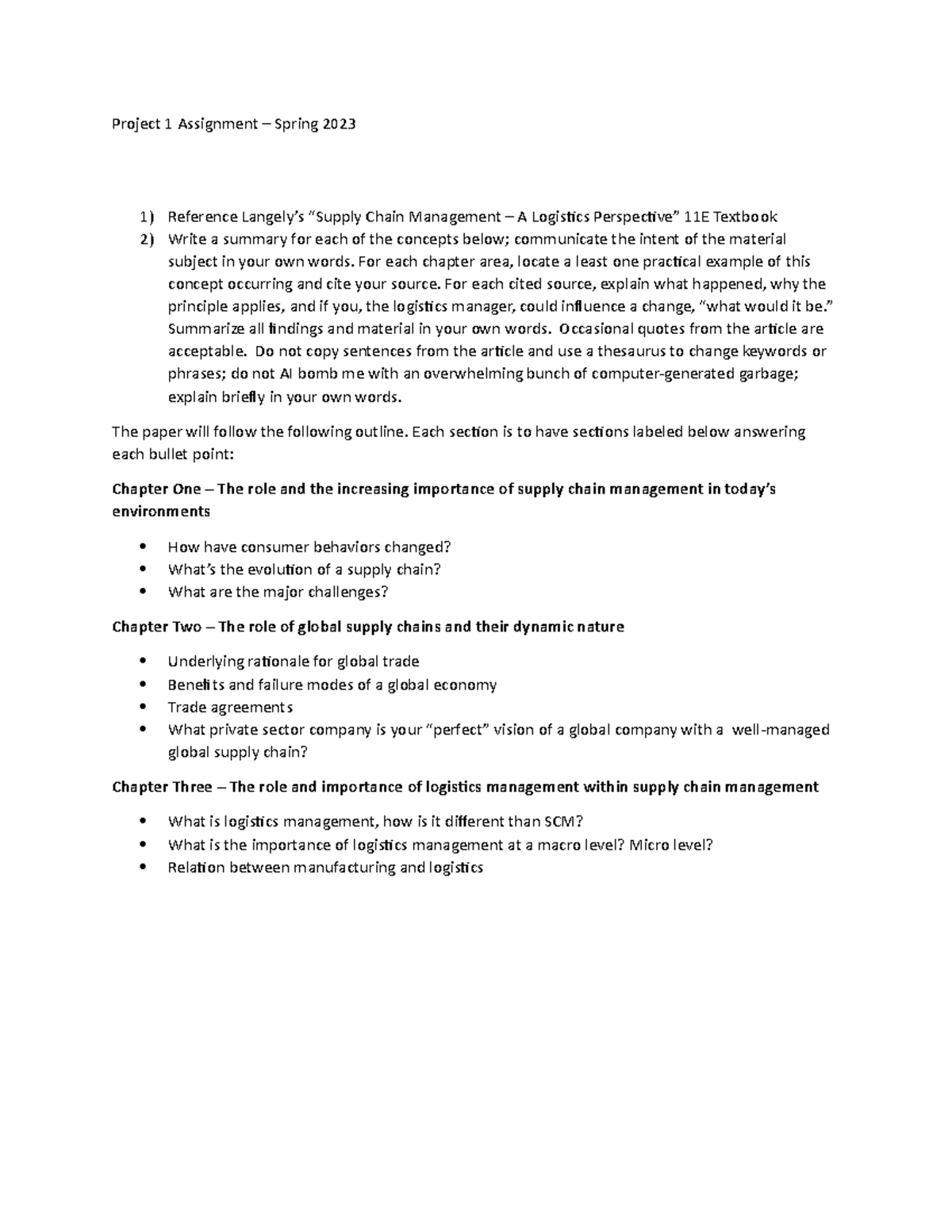 Project 1 2023 - Supply Chain Management - Project 1 Assignment ...