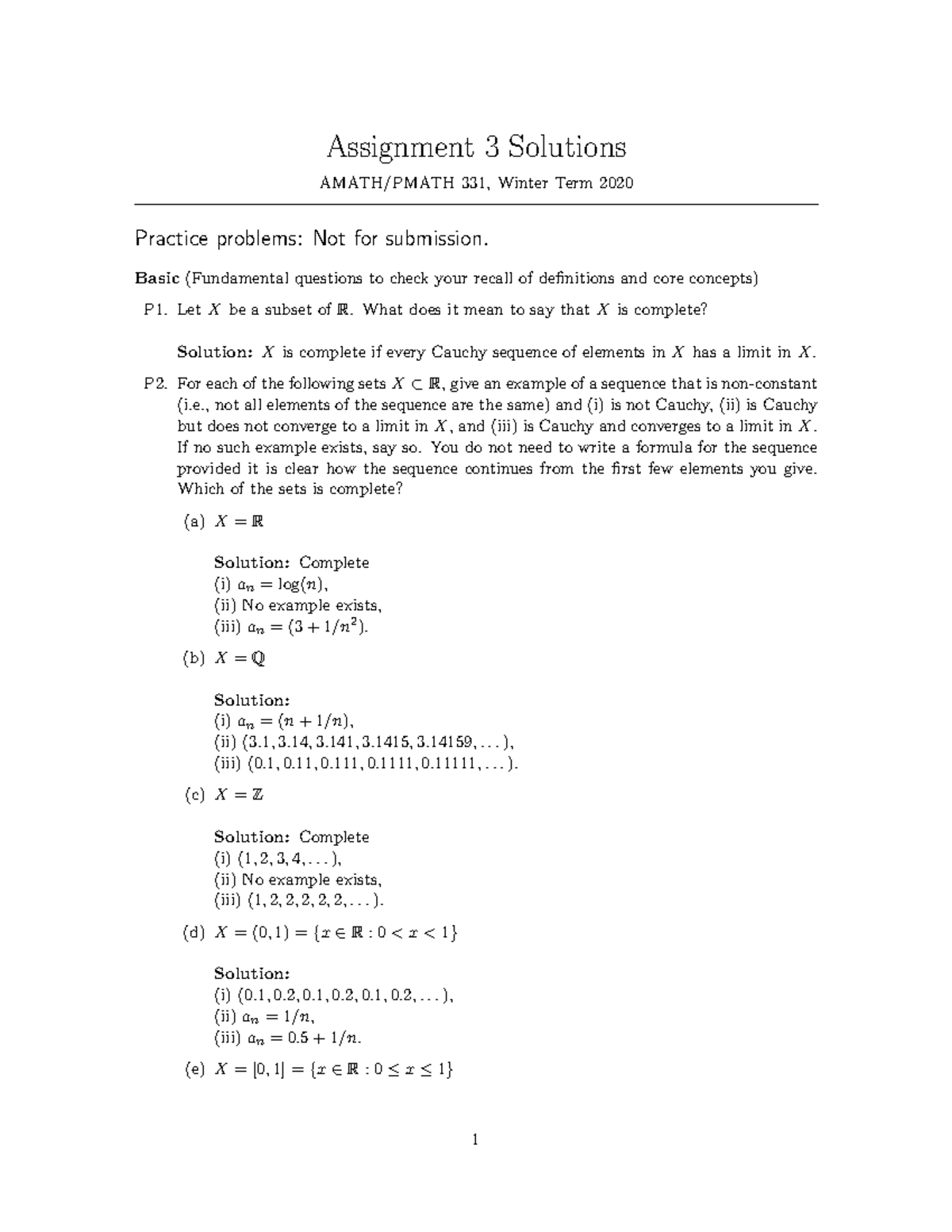 Assignment 3 solutions - Assignment 3 Solutions AMATH/PMATH 331, Winter ...