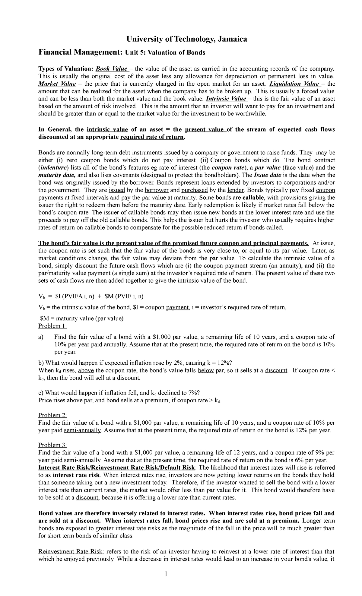 FM Unit 5 New - Lecture notes 5 - University of Technology, Jamaica ...