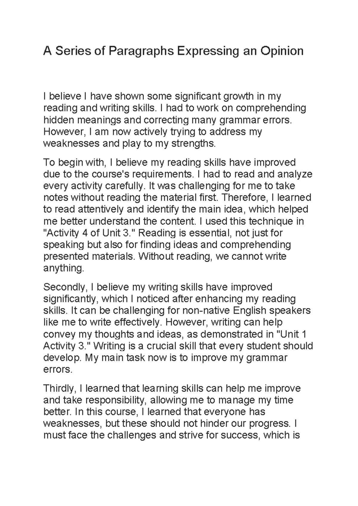 U5A1 - A Series of Paragraphs Expressing an Opinion - A Series of ...