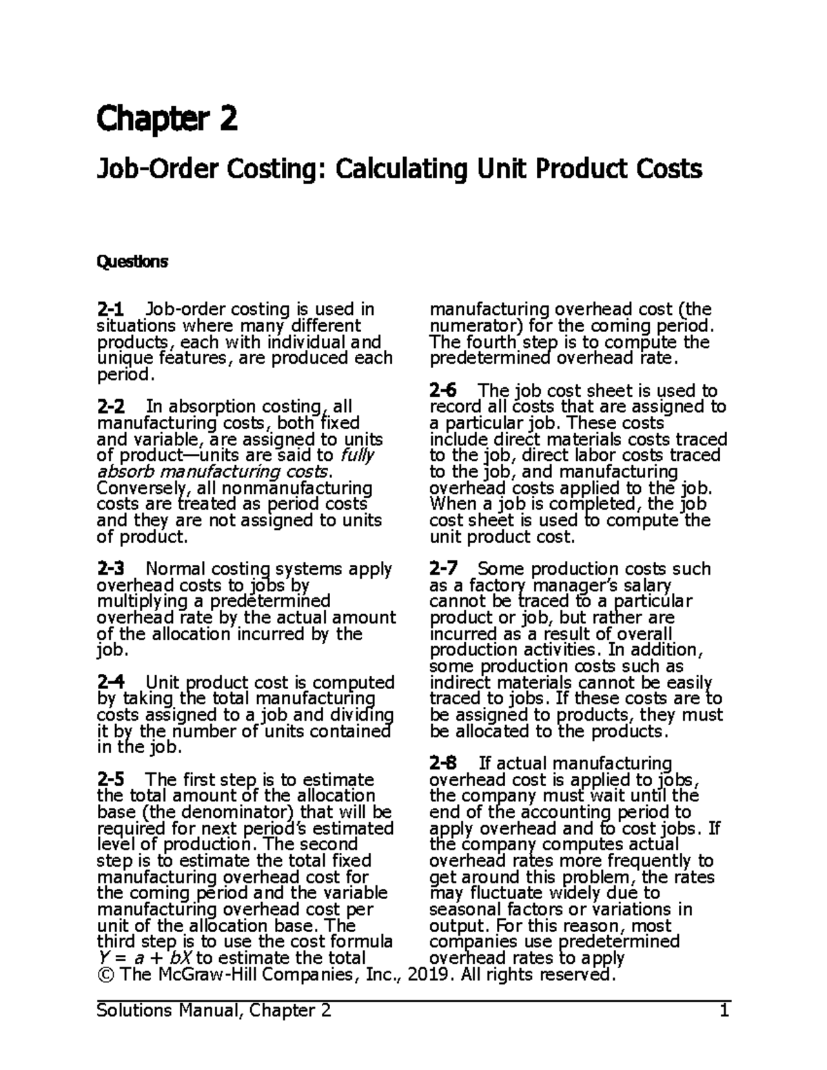 8e BGN CH02 SM final - fffff - Chapter 2 Job-Order Costing: Calculating Unit Product Costs ...