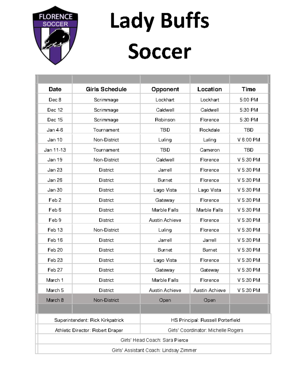 Florence Girls Soccer Schedule 2023-24 - Date Girls Schedule Opponent ...