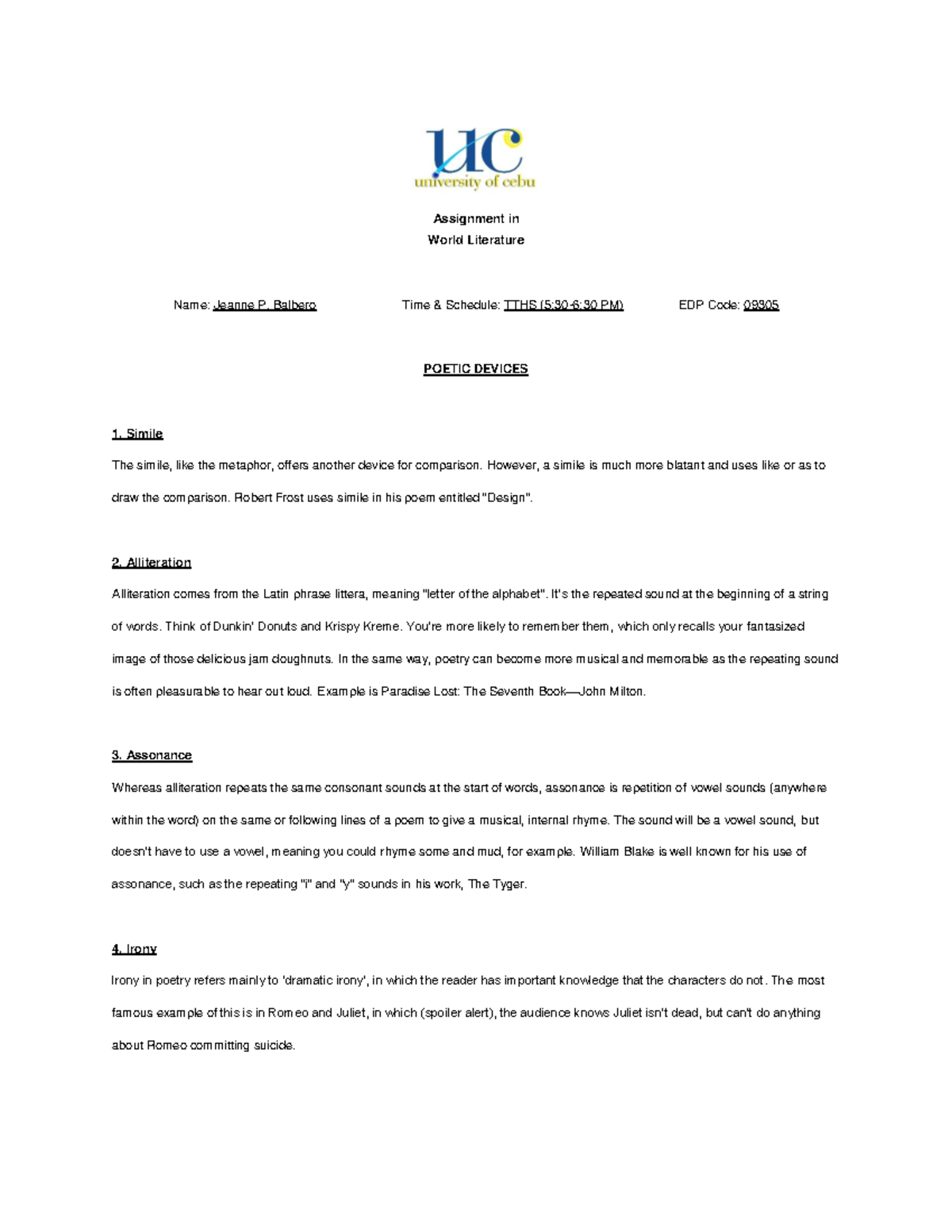 Assignment in - N/A - Assignment in World Literature Name: Jeanne P ...