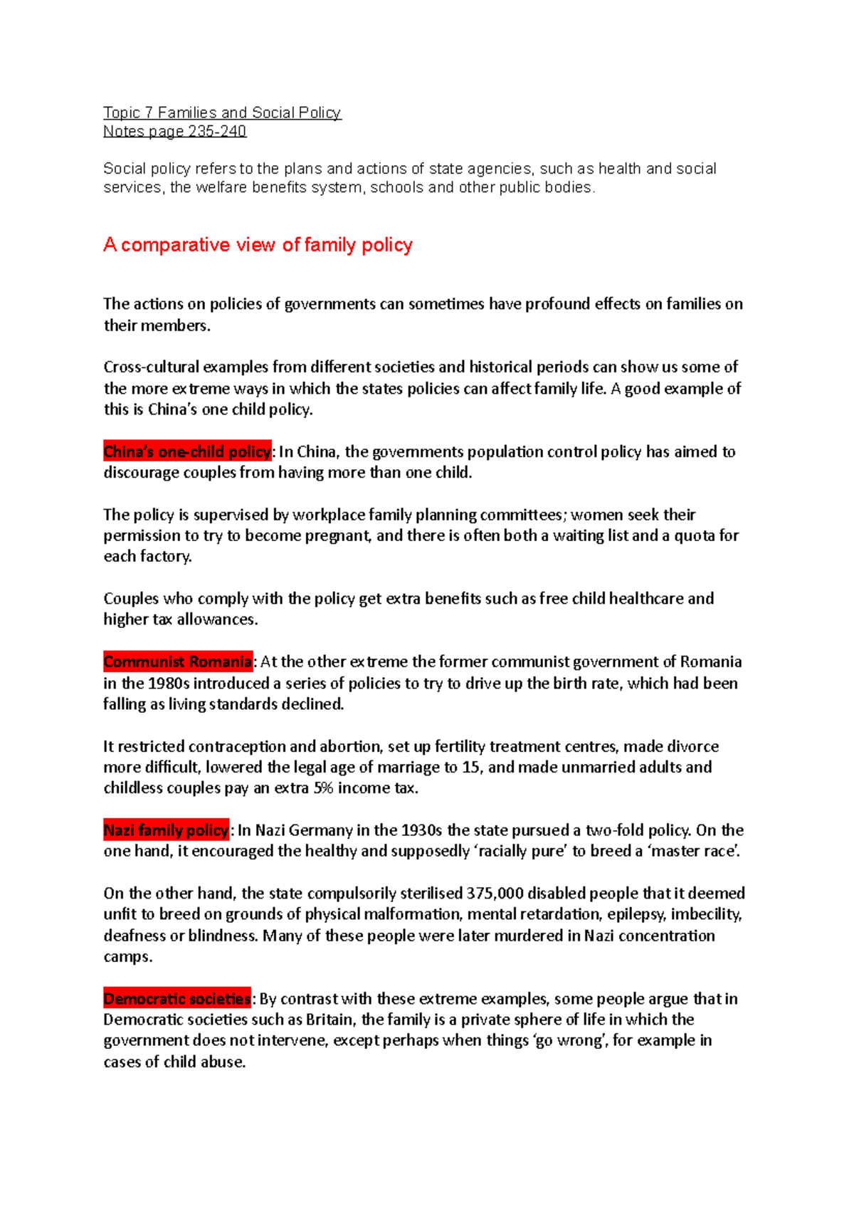 Topic 7 Families and Social Policy notes - A comparative view of family ...