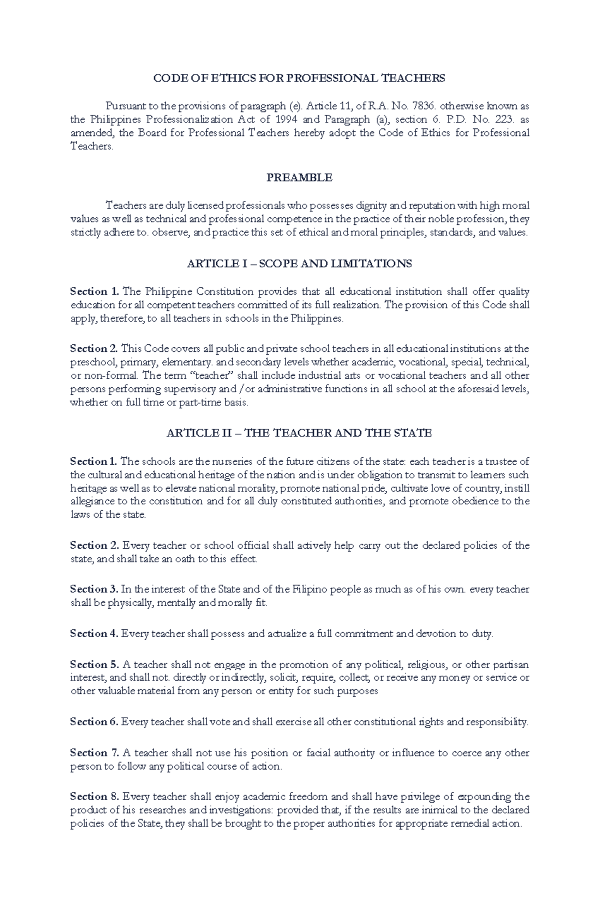 CODE OF Ethics FOR Professional Teachers - CODE OF ETHICS FOR ...