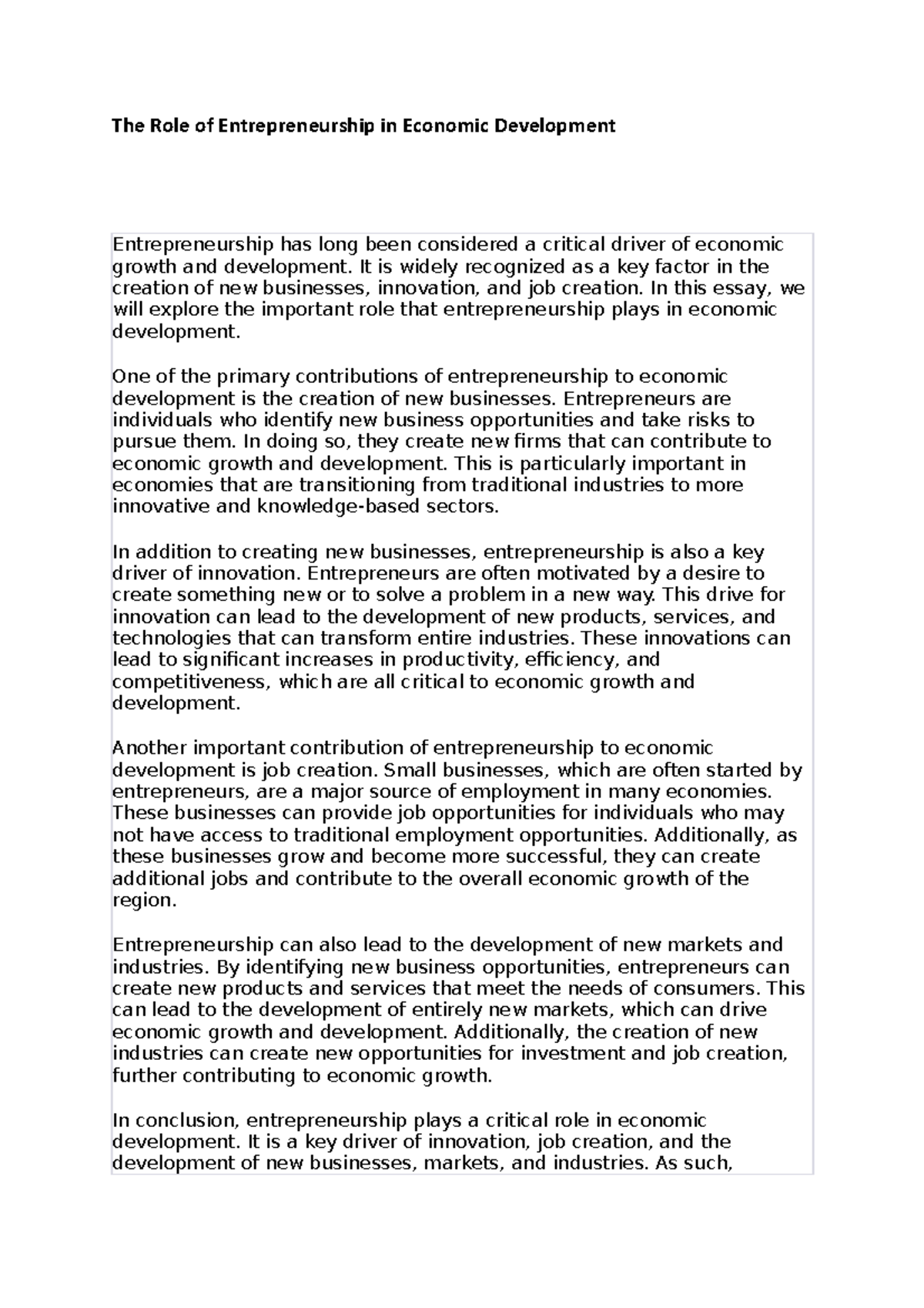 The Role of Entrepreneurship in Economic Development - The Role of ...