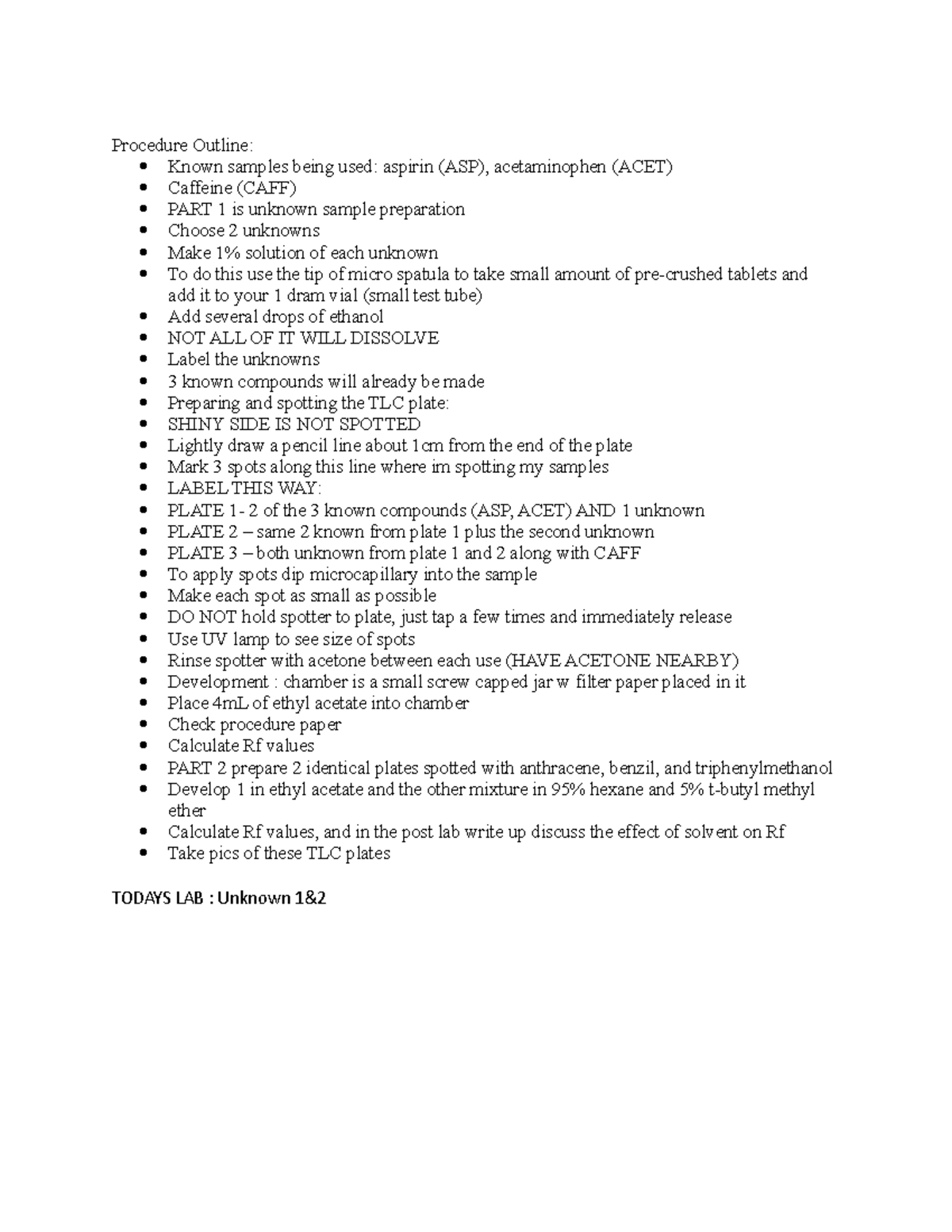 Lab outline 2 chem - Procedure Outline: Known samples being used ...
