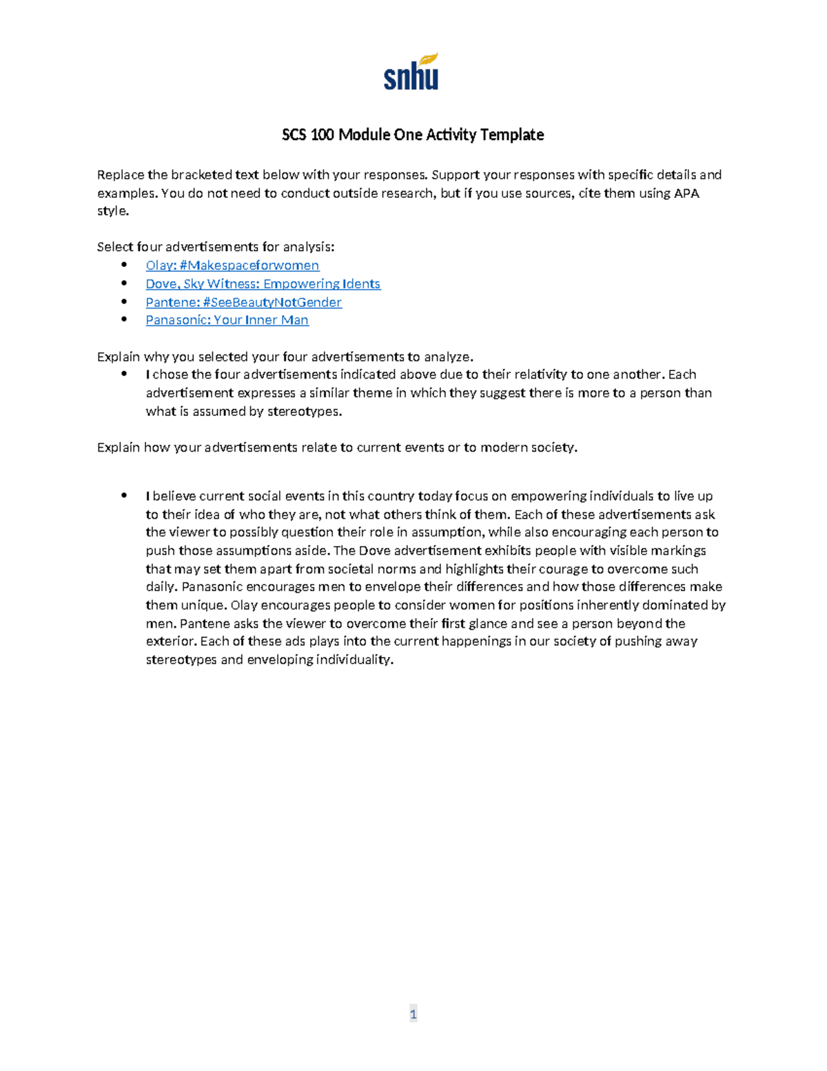 SCS 100 Module One Activity - Support your responses with specific ...