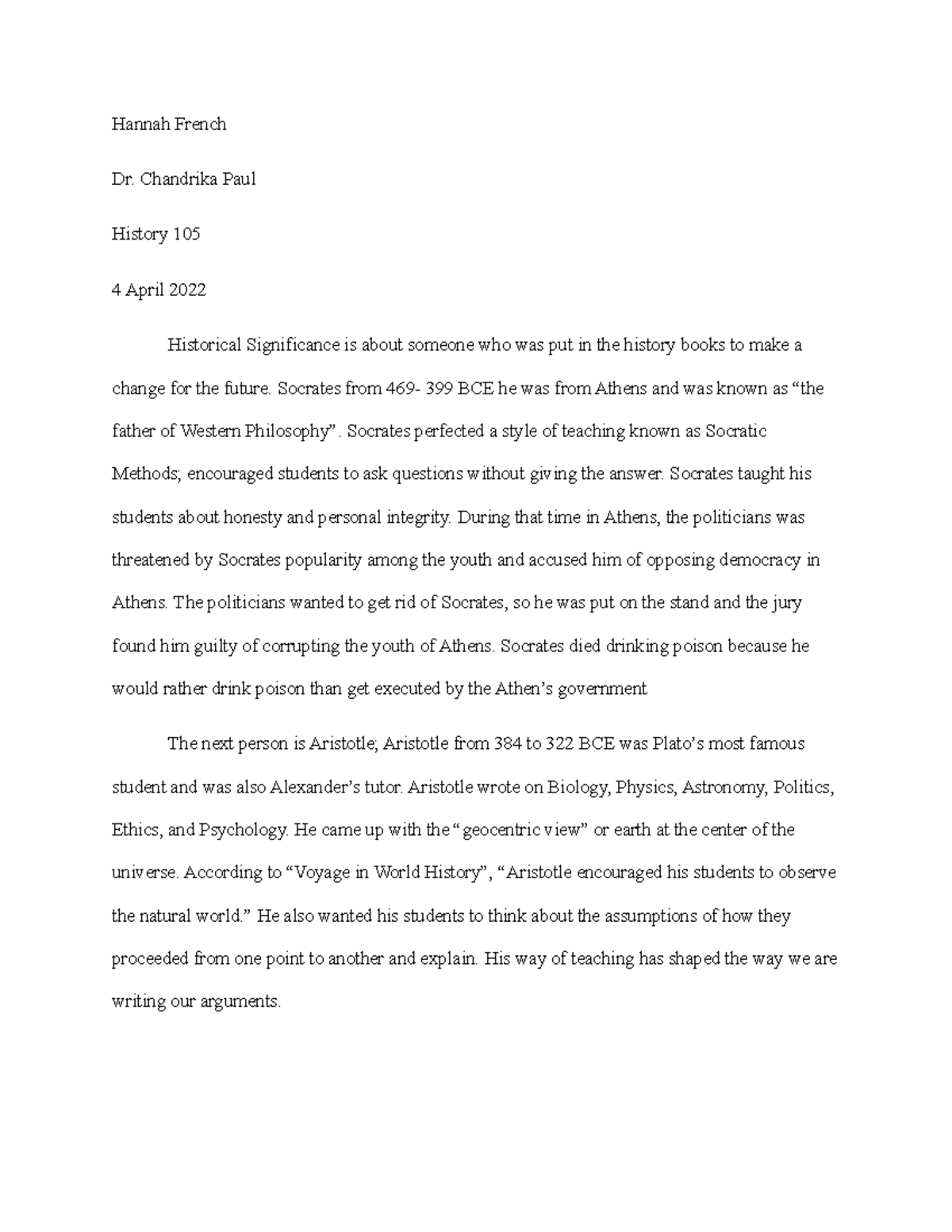 Third written assignment - Hannah French Dr. Chandrika Paul History 105 ...