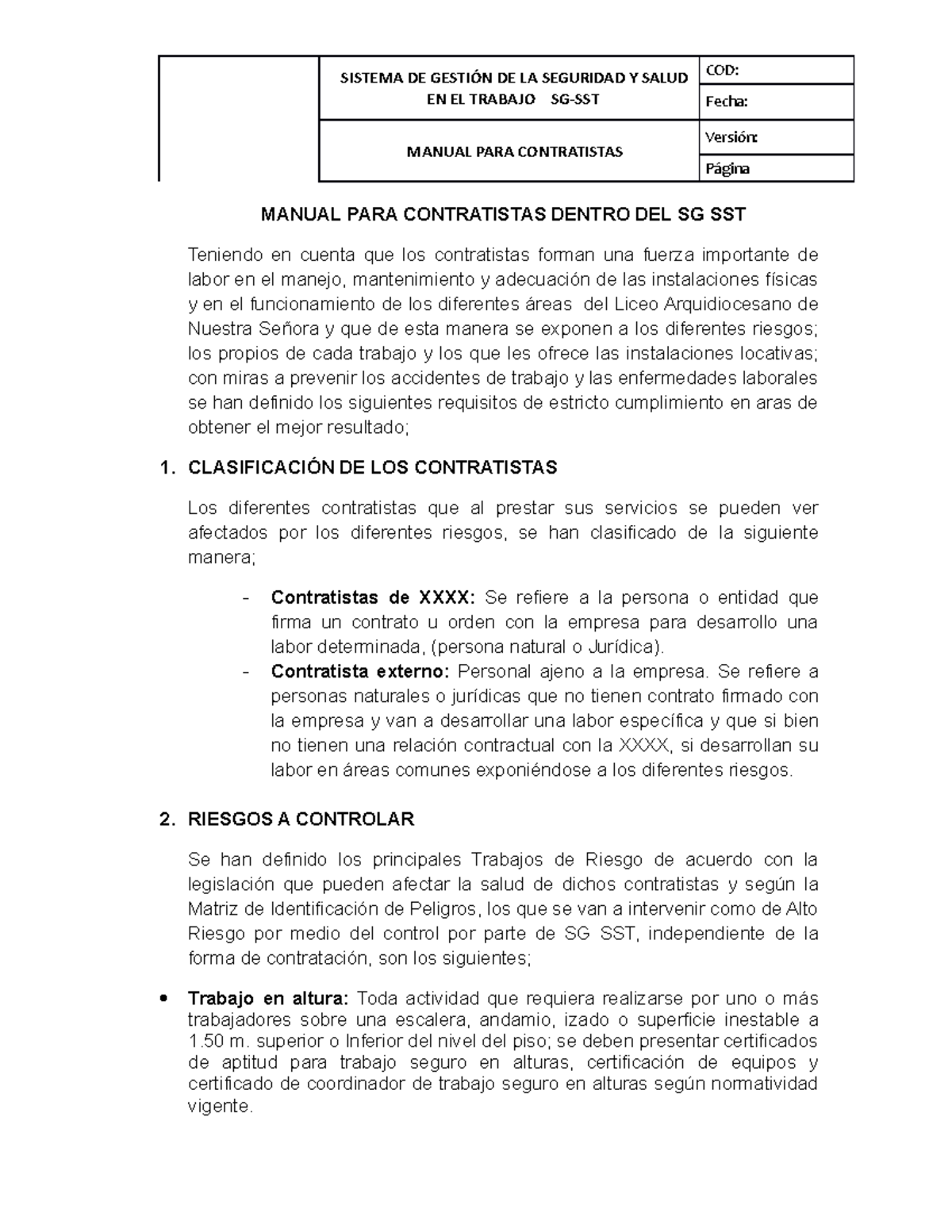 Manual PARA Contratistas - SISTEMA DE GESTIÓN DE LA SEGURIDAD Y SALUD EN EL TRABAJO SG-SST Fecha ...