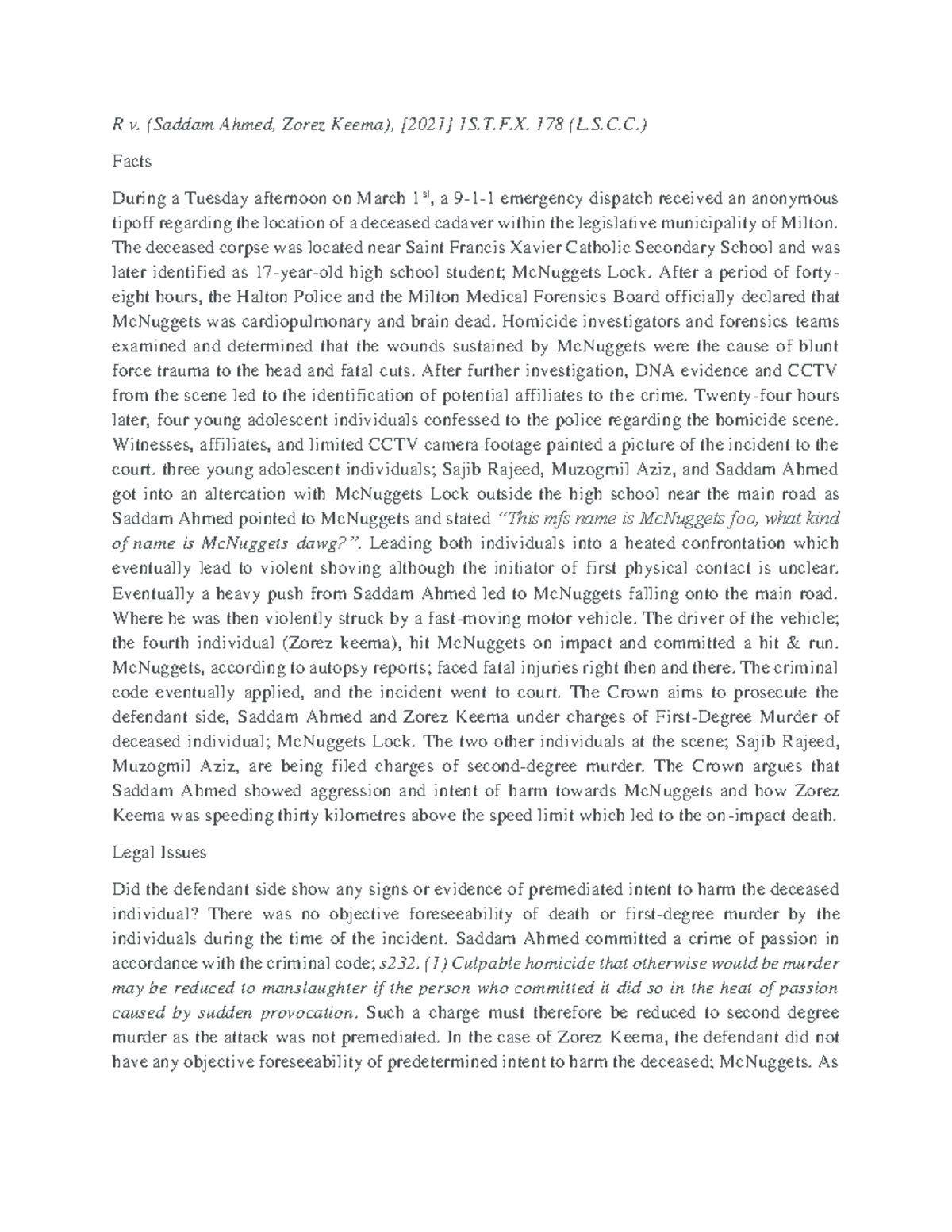 Law Criminal Case Brief Assignment Example - R v. (Saddam Ahmed, Zorez ...