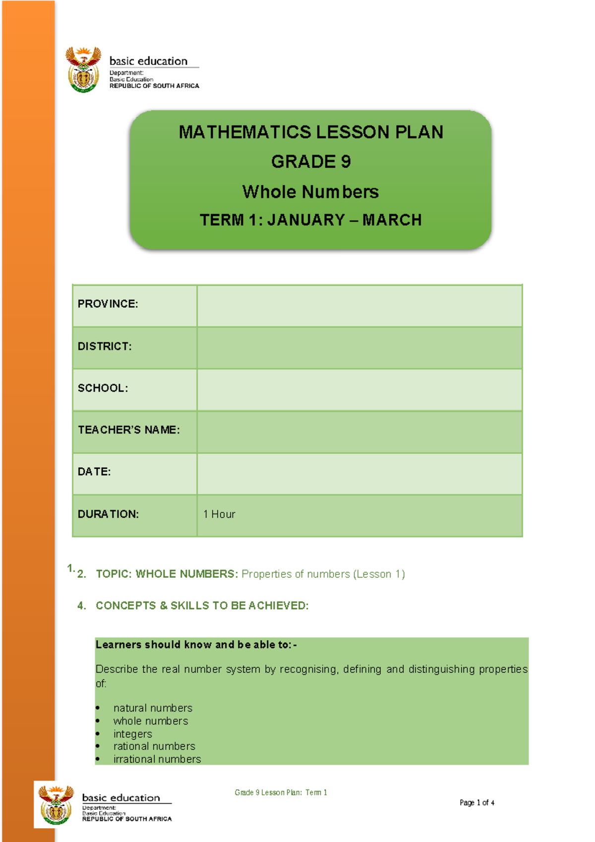 Grade 9 Term 1 Lesson Plans - Grade 9 Lesson Plan: Term 1 ...