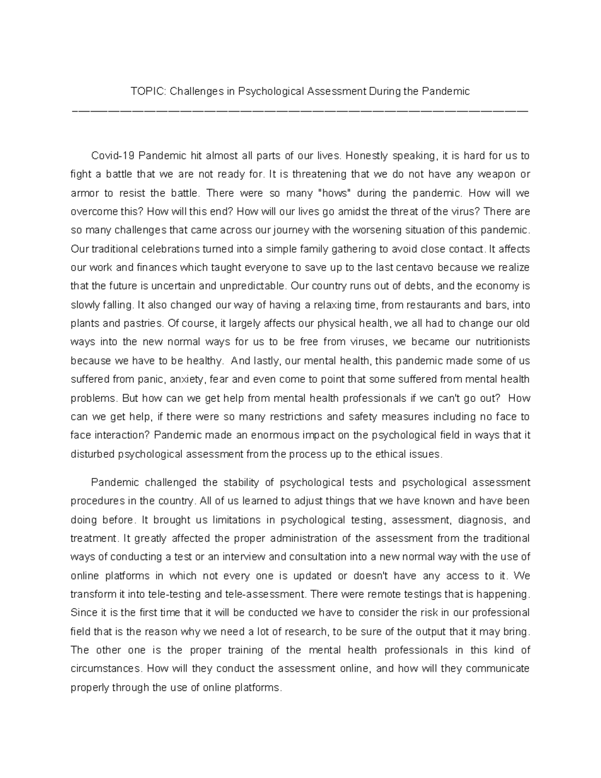Essay- Challenges in Psychological Assessment During the Pandemic ...