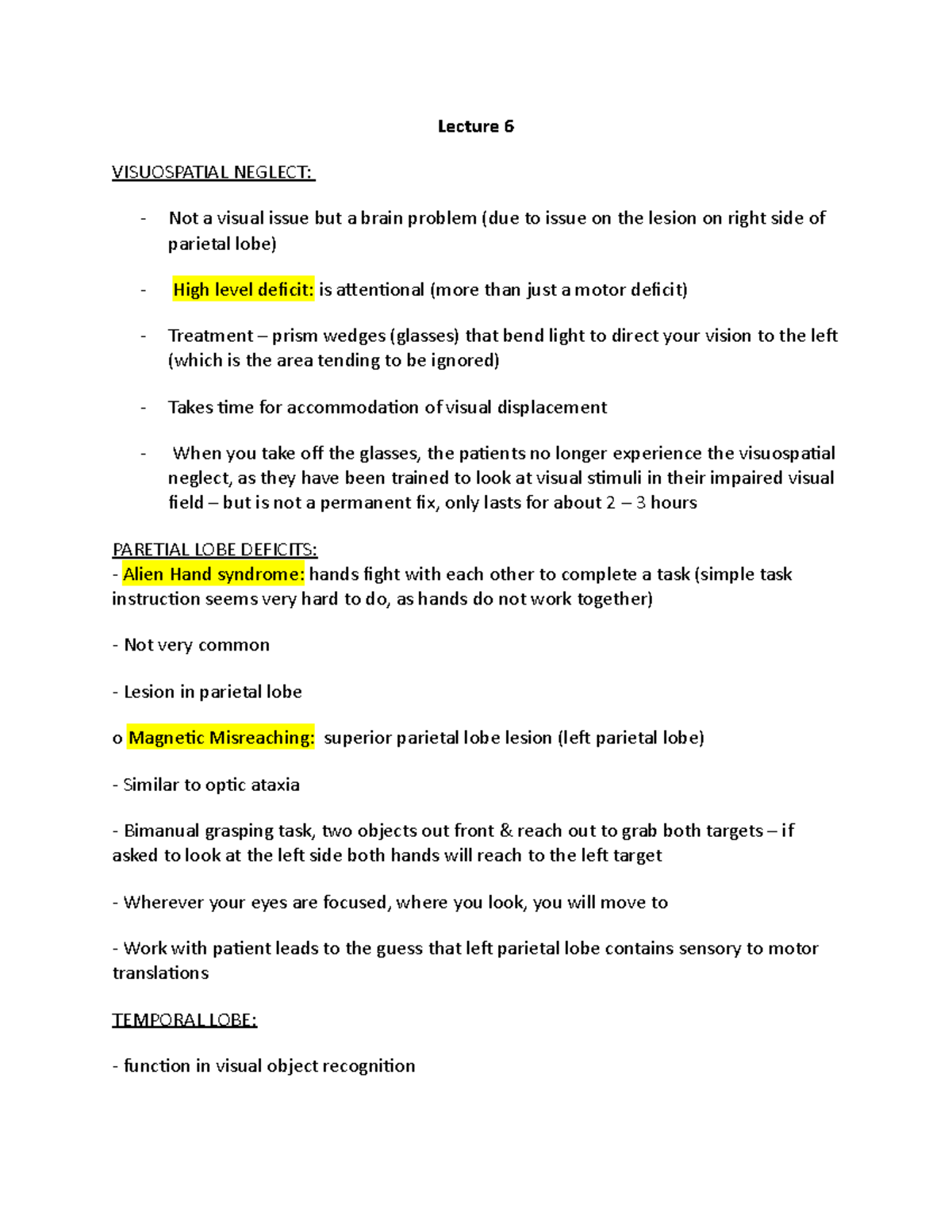 Lecture 6 Notes Lecture 6 Visuospatial Neglect Not A Visual Issue