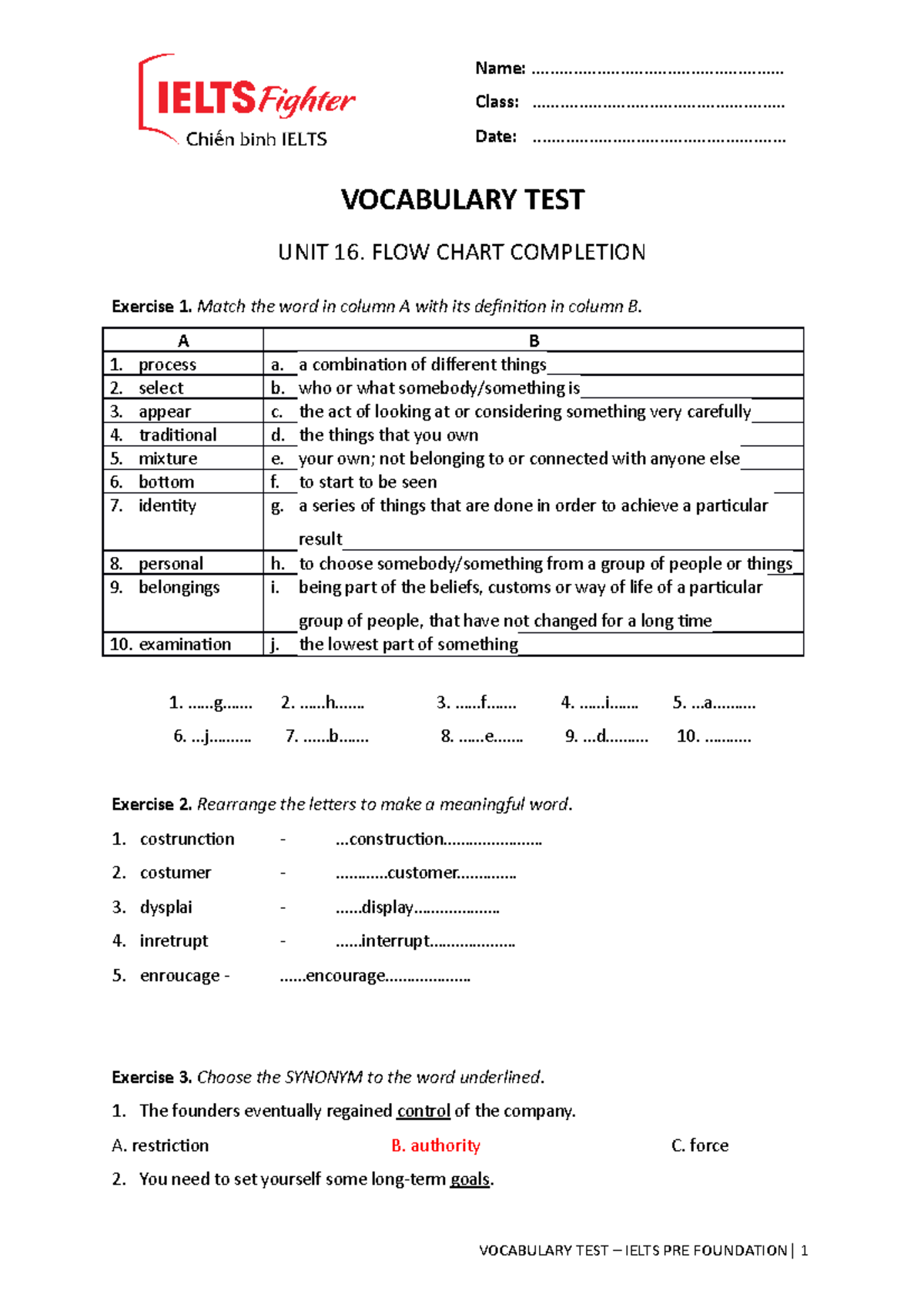 Vocab TEST 16. UNIT 16. Flow chart completion - Name: - Studocu