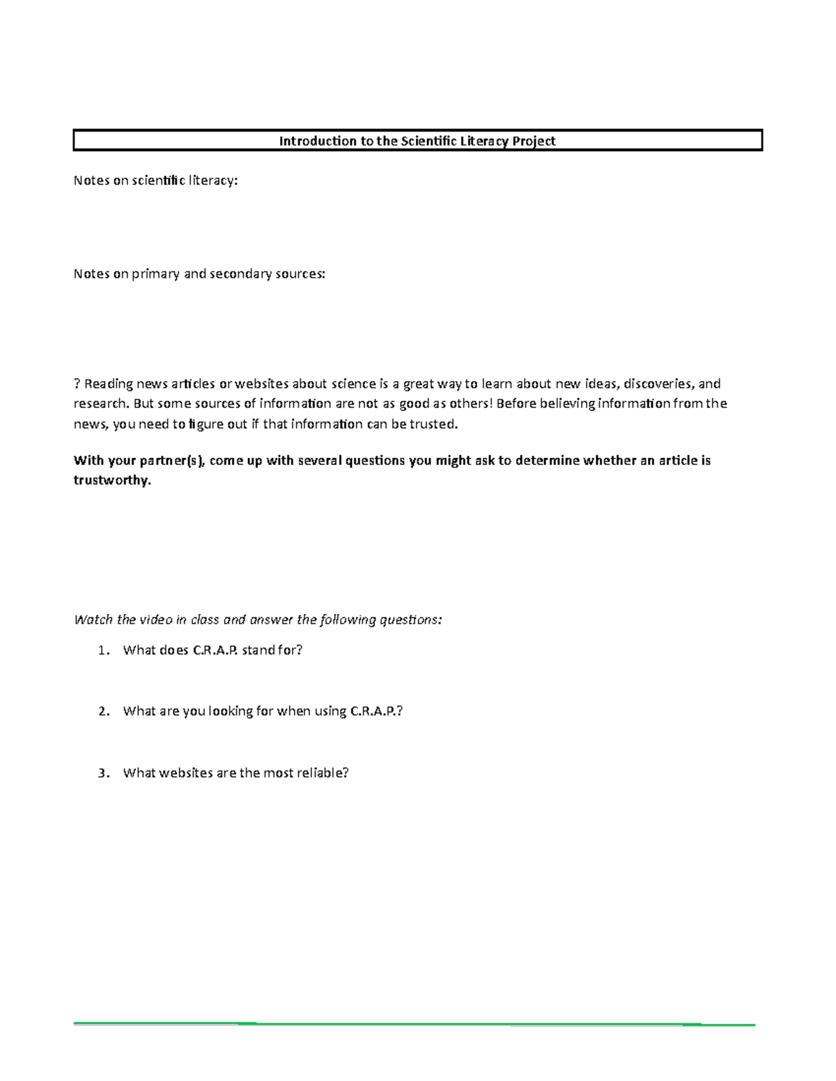 BIOL 1110 Introduction to the Scientific Literacy Project Part I ...