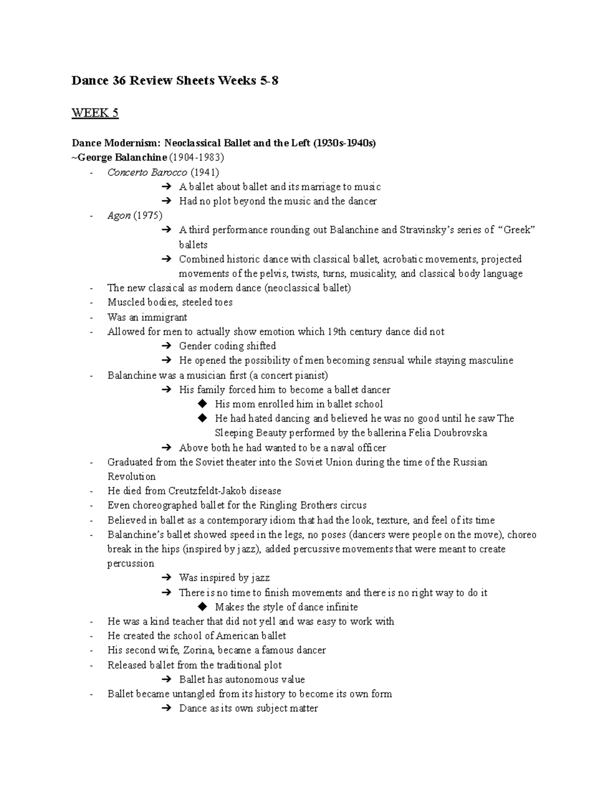 Dance 36 Final Review Part 2 - Dance 36 Review Sheets Weeks 5- WEEK 5 ...
