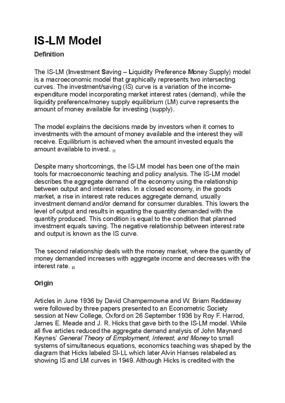 Is-lm model uitleg over IS-LM model - IS-LM Model Definition The IS-LM ...