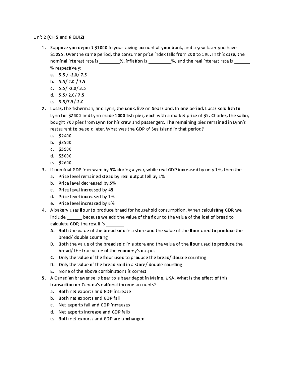 Unit 2 test - notes - Unit 2 (CH 5 and 6 QUIZ( Suppose you deposit ...