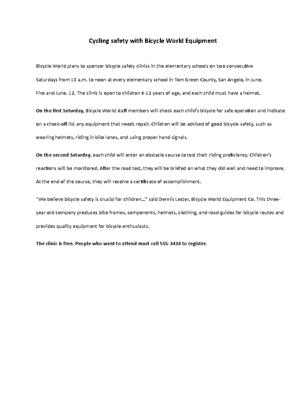 Cycling safety with Bicycle World Equipment - to noon at every ...