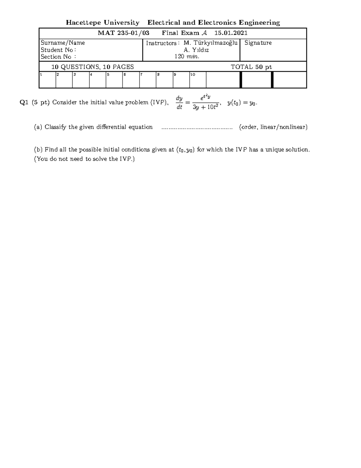MAT235finalexam A-1 - : Instructors : Signature: : : Surname/Name Student No Section No ...