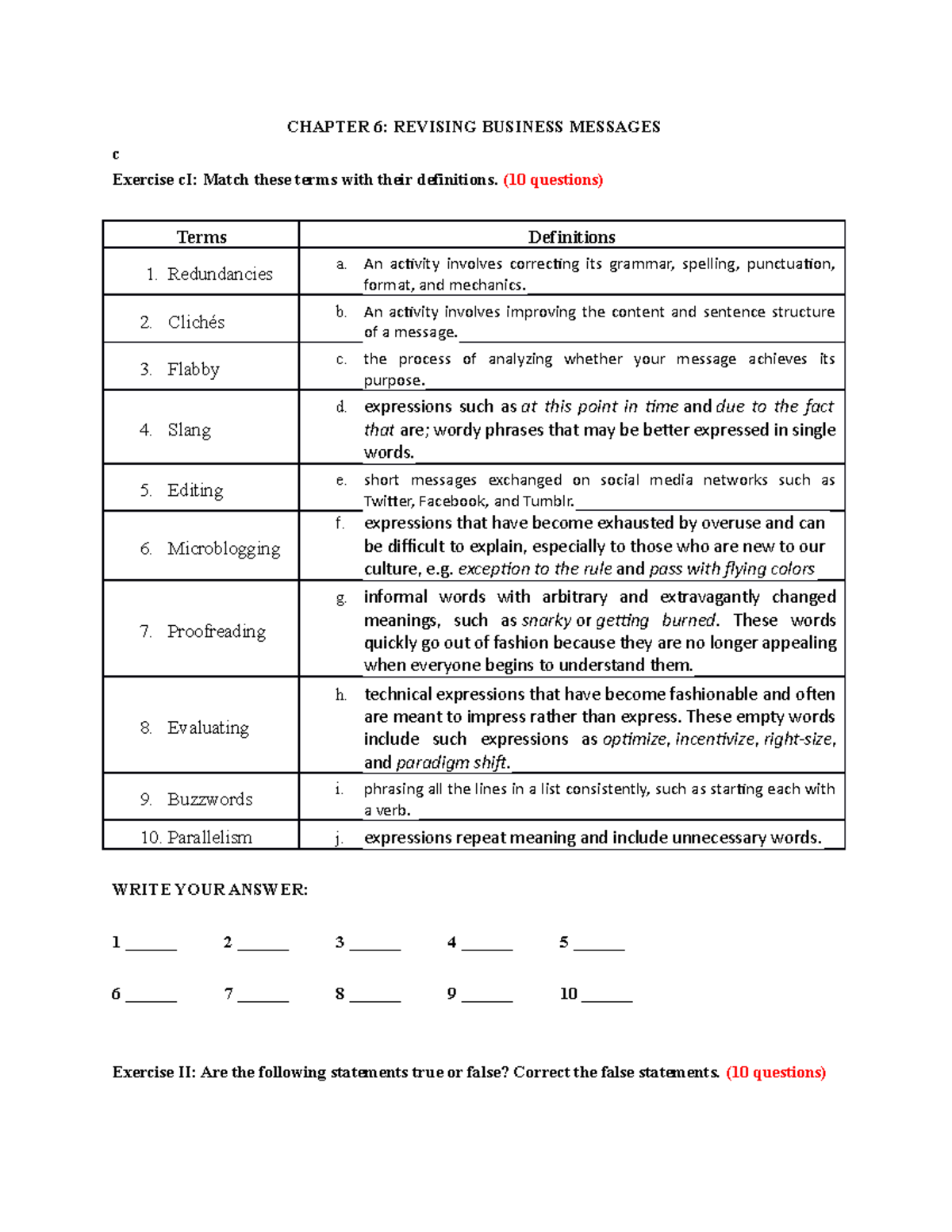 Chapter 6 - CHAPTER 6: REVISING BUSINESS MESSAGES c Exercise cI: Match these terms with their ...