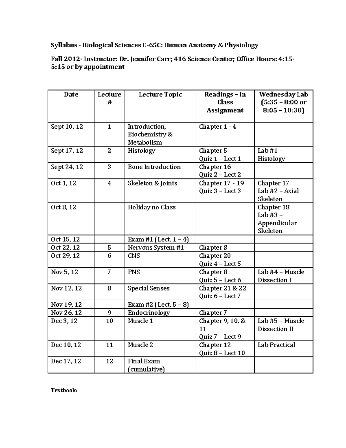 Syllabus human anatomy and physiology i fall 2012 - **Syllabus ...