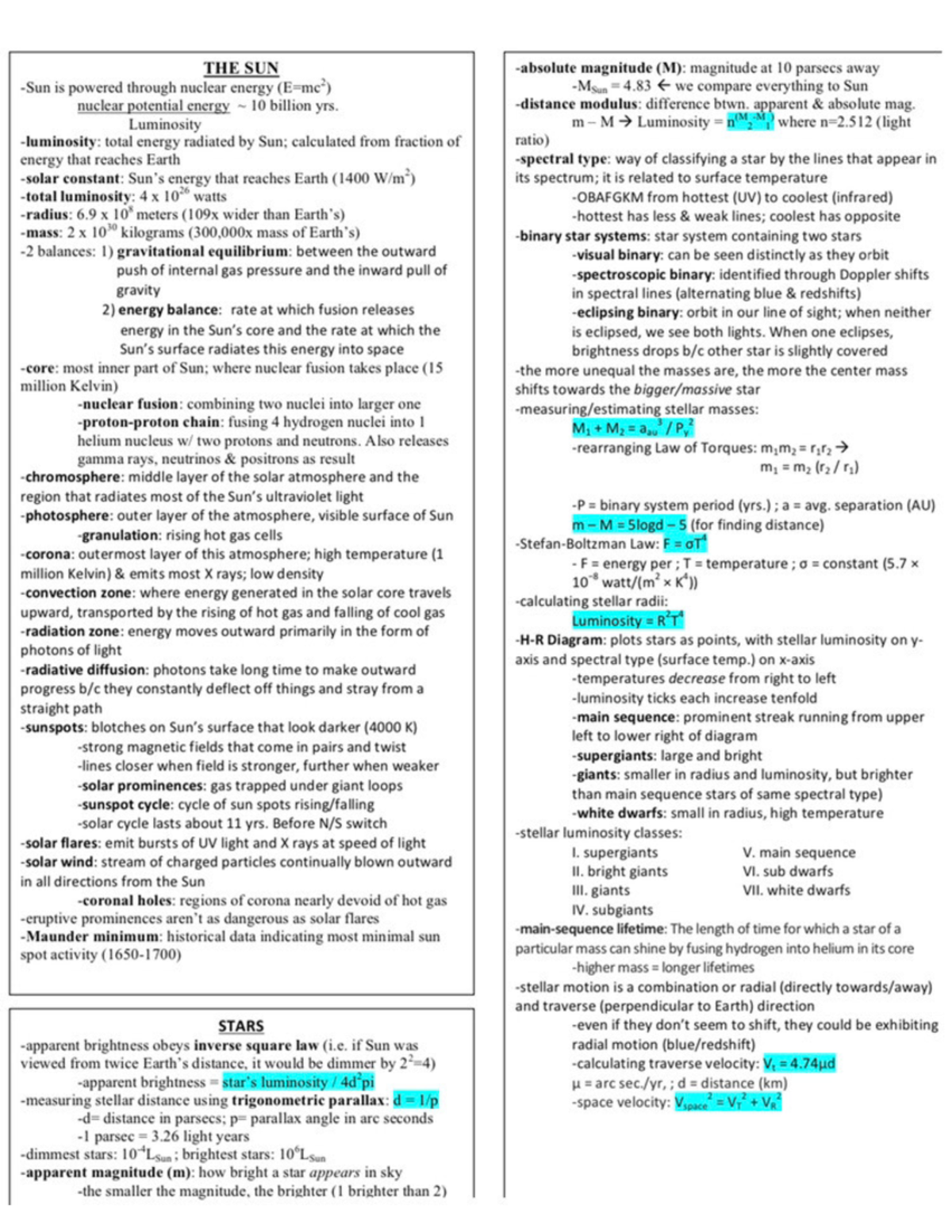 Astr114 exam2 cheatsheet - ASTR 114 - Studocu