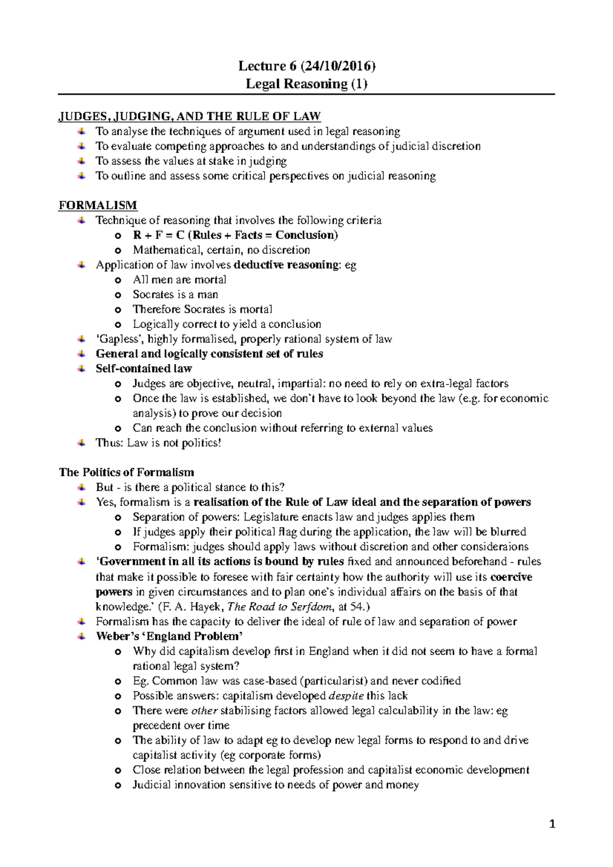 2 Legal Reasoning Notes - Lecture 6 Legal Reasoning (1) JUDGES, JUDGING ...