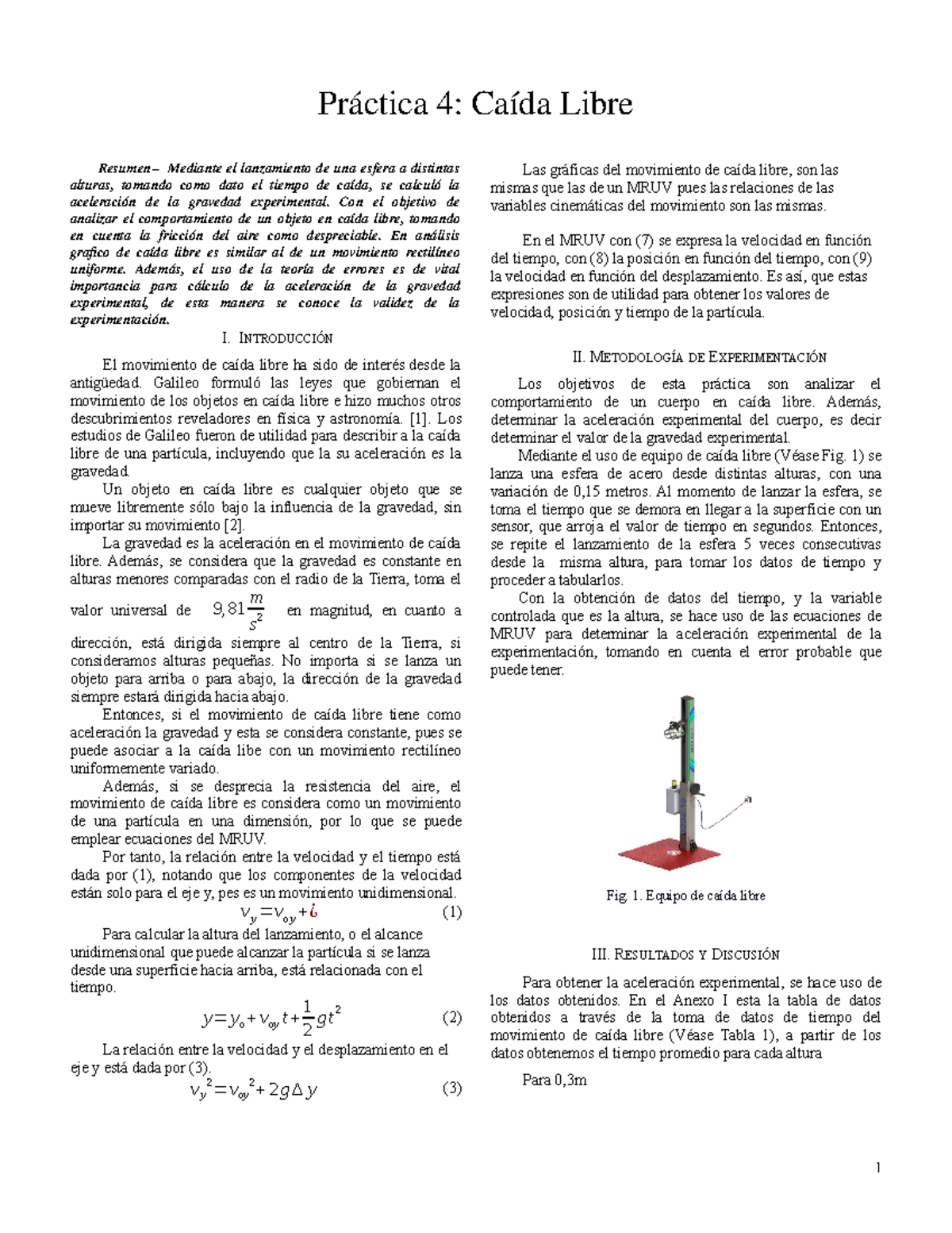 Caida Libre - Informe - Práctica 4: Caída Libre Resumen– Mediante el lanzamiento de una esfera a ...
