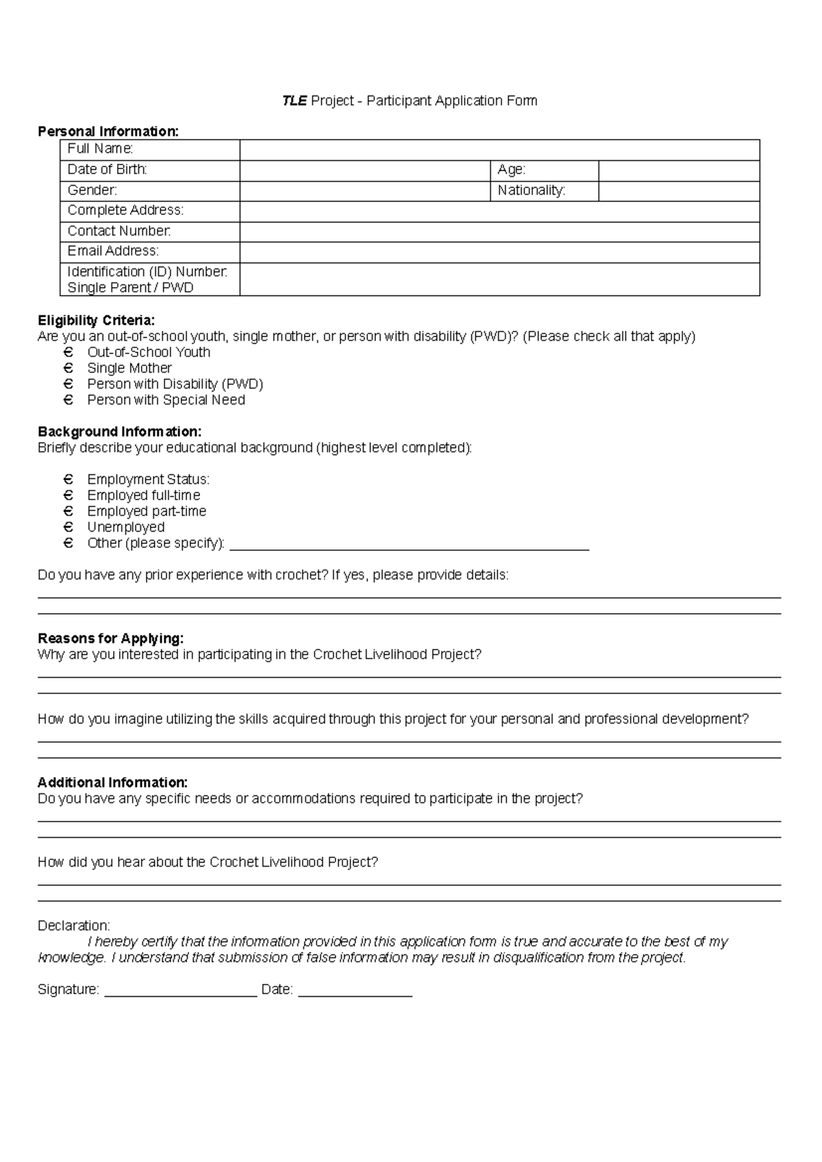 TLE Project Application form - TLE Project - Participant Application ...