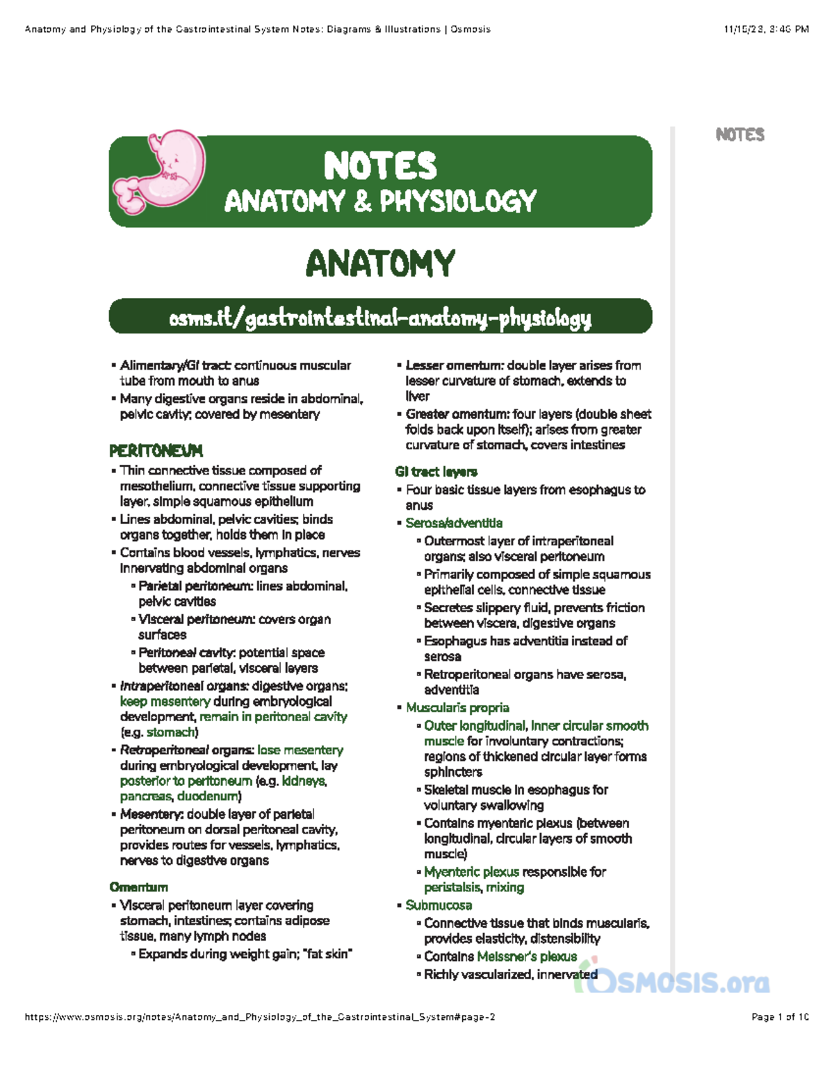 Anatomy and Physiology of the Gastrointestinal System Notes Osmosis ...