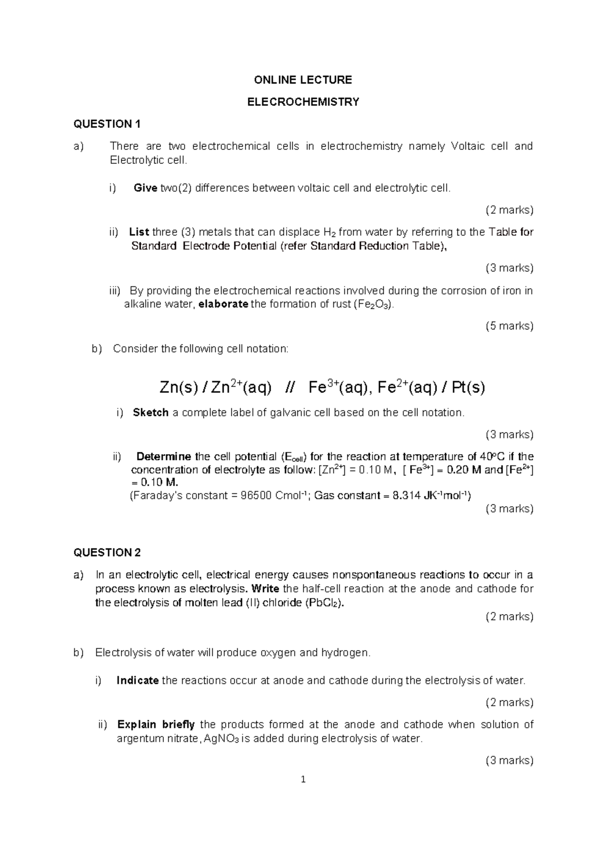 Electrochemistry- exercises - 1 ONLINE LECTURE ELECROCHEMISTRY QUESTION ...