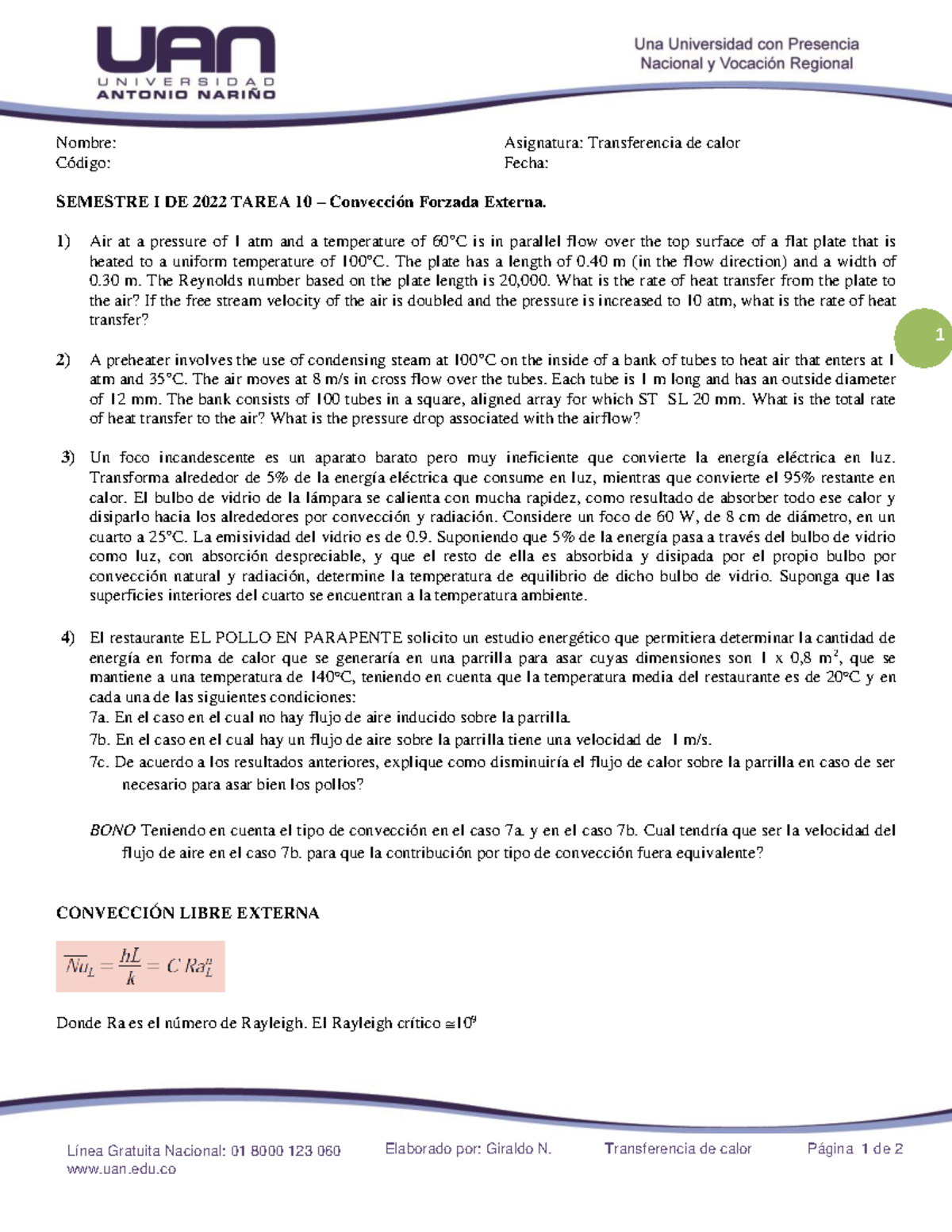 20221019 UAN Transcalor Tarea 10 Conveccion Forzada y Libre v0 - Línea ...