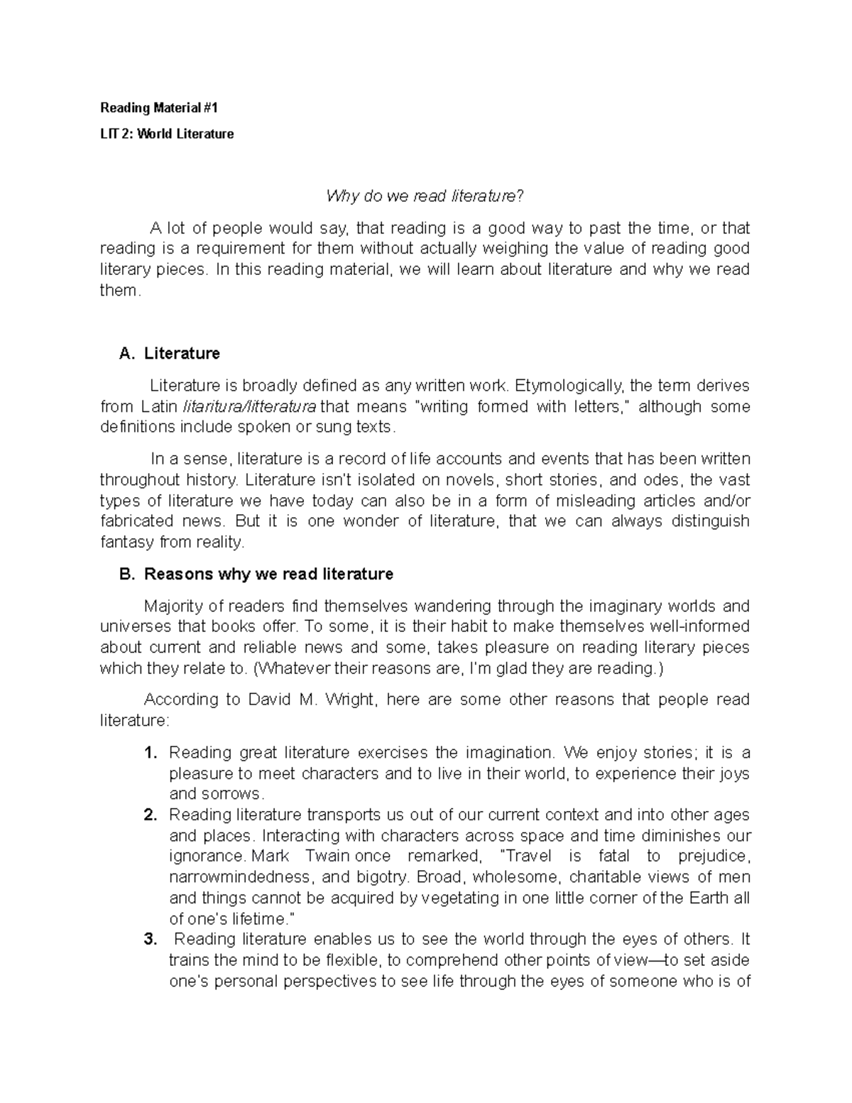 Why do we read literature - Reading Material # LIT 2: World Literature ...