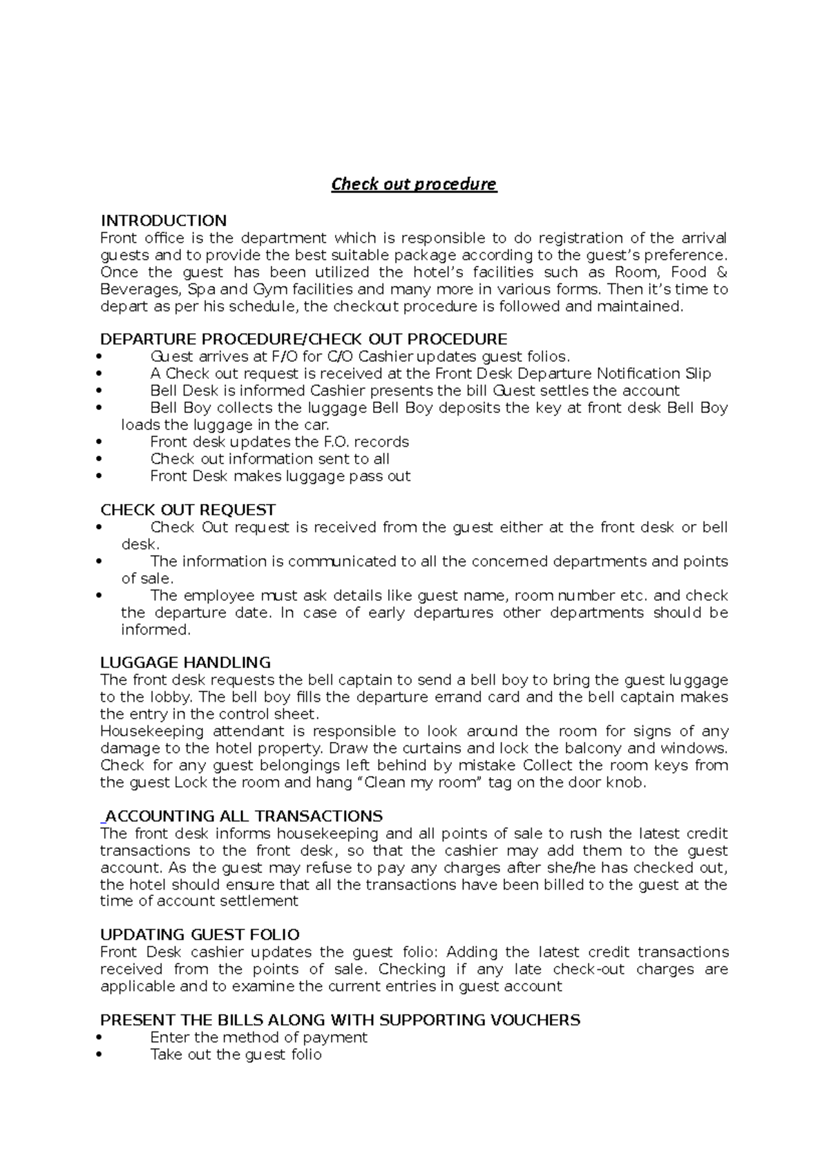 Check out procedure - Check out procedure INTRODUCTION Front office is ...