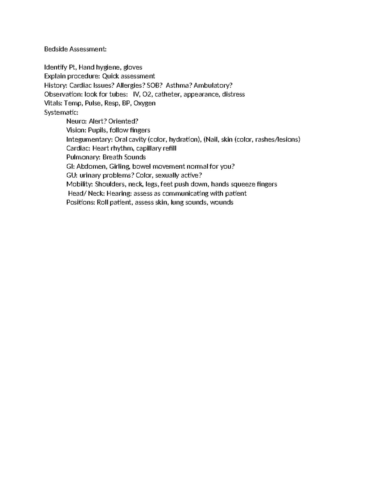 Bedside Assessment - assess - Bedside Assessment: Identify Pt, Hand ...