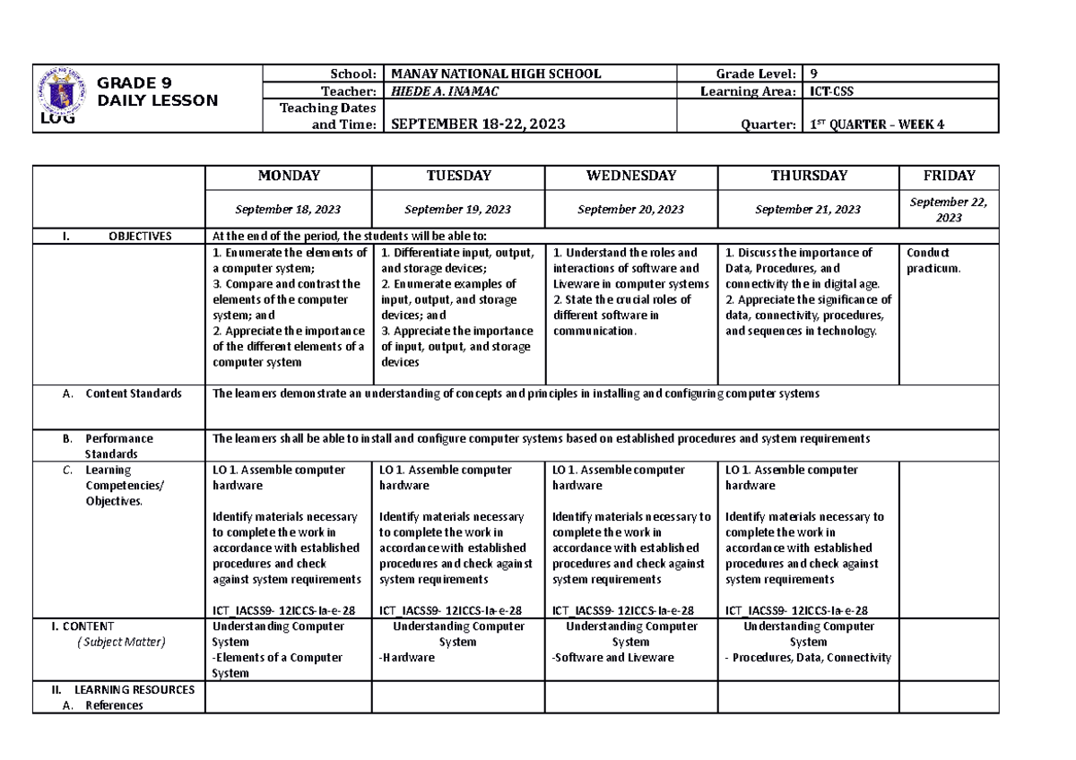 DLL TLE 9 Q1 W4 Final 2 - Daily Lesson Log - GRADE 9 DAILY LESSON LOG ...