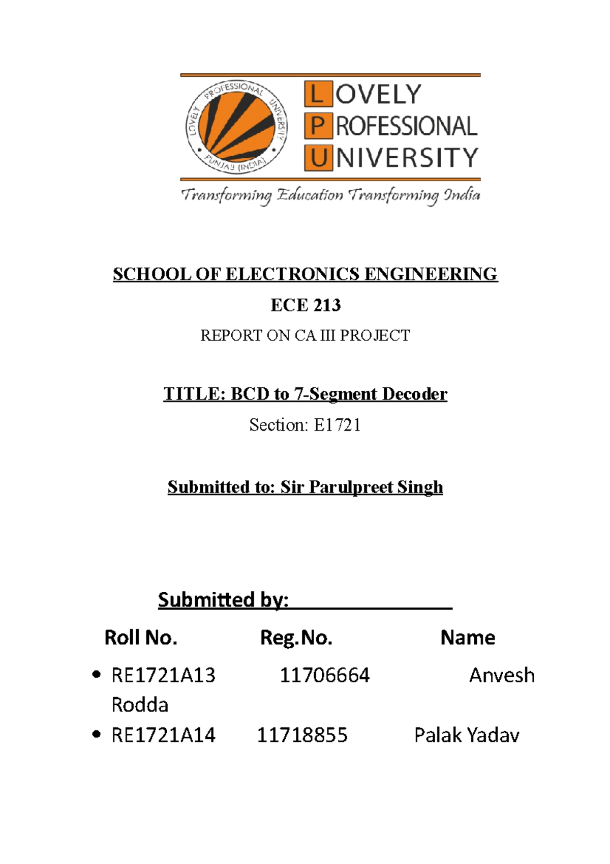 213 Assignment on BCD to 7 Segment Display - SCHOOL OF ELECTRONICS ...