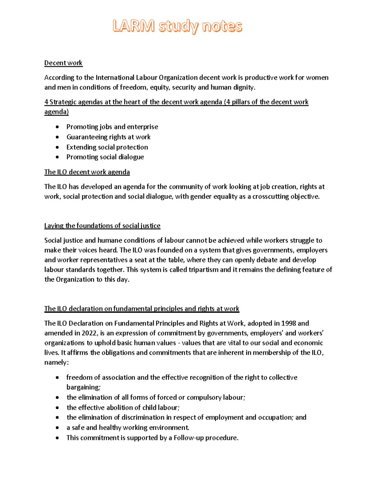 LARM study notes - Summary Labour Relations - Decent work According to ...