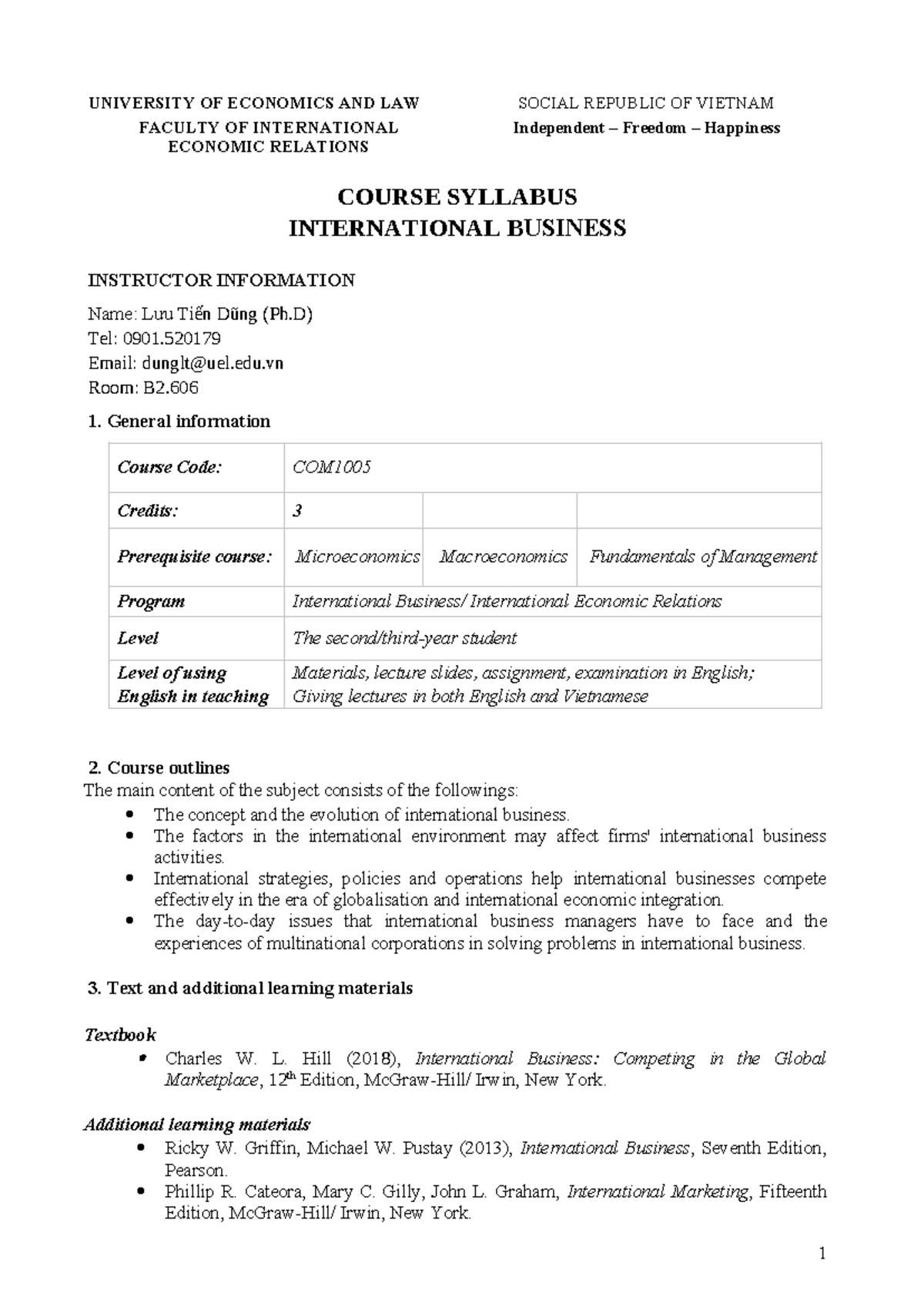 Syllabus International Business Se 22-23 - UNIVERSITY OF ECONOMICS AND LAW FACULTY OF ...