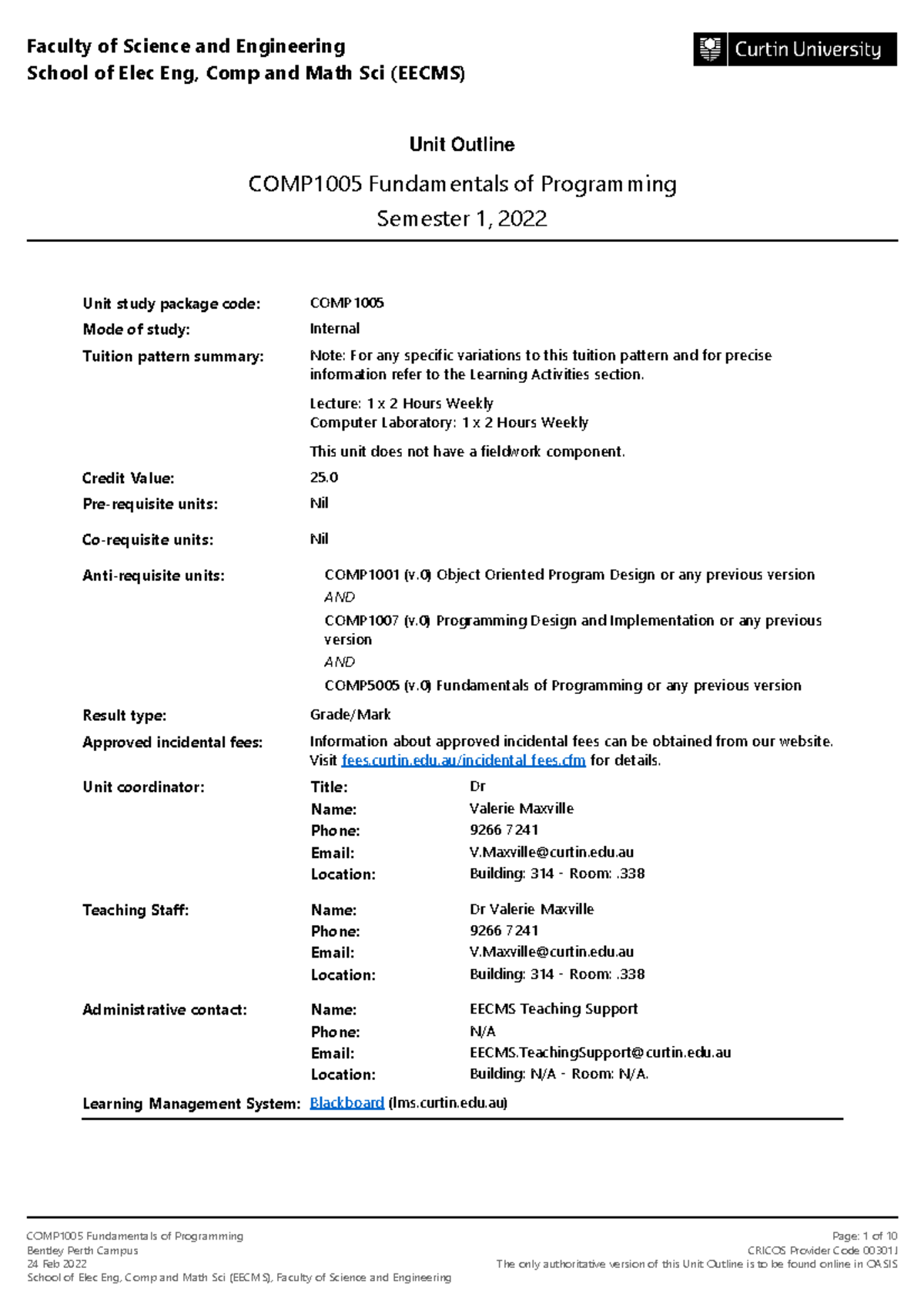 COMP1005 Fundamentals of Programming Semester 1 2022 Bentley Perth Campus INT - Unit study ...