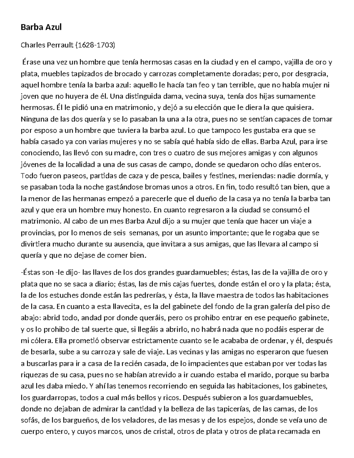 Barba Azul - CUENTO ANTIGUO - Barba Azul Charles Perrault (1628-1703 ...